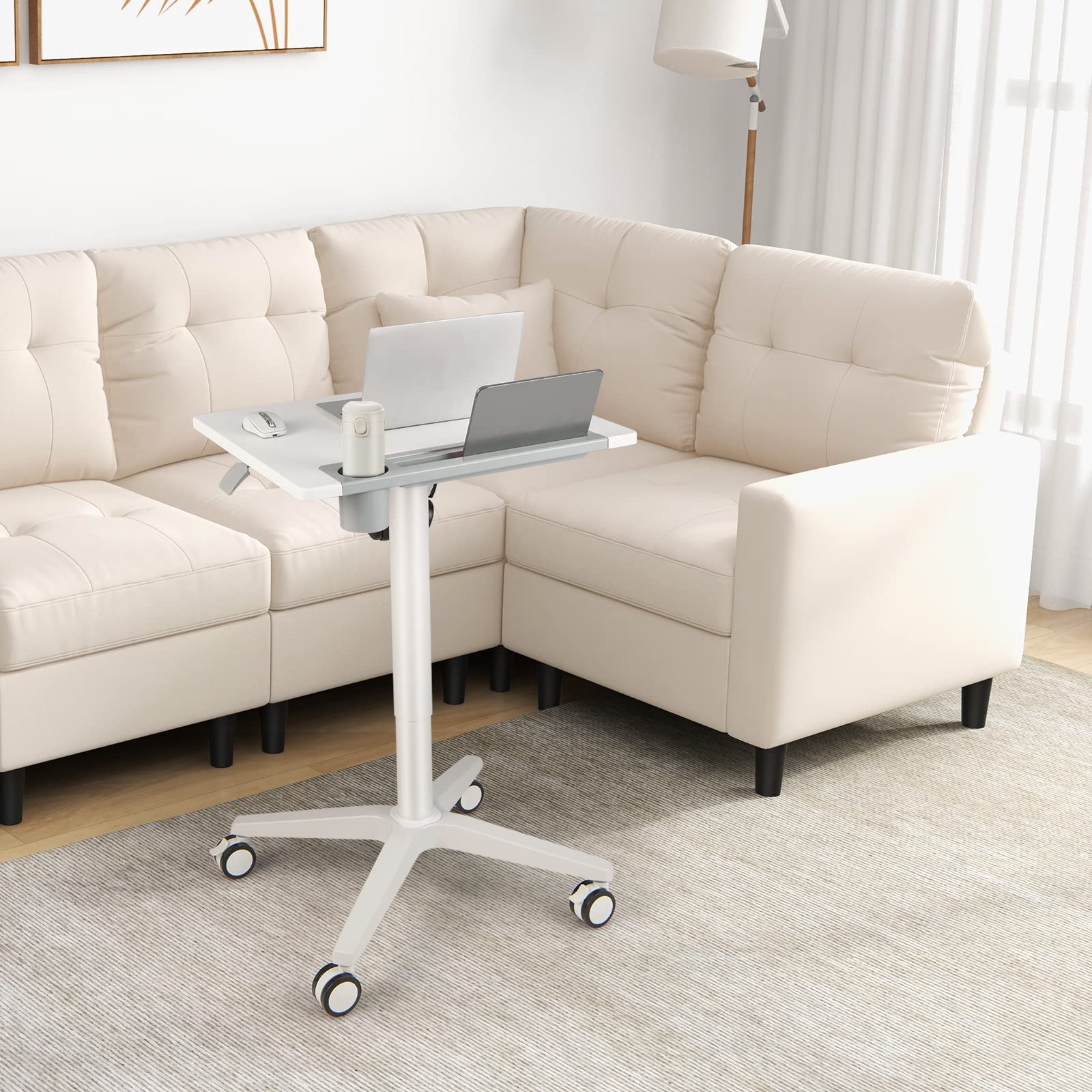 Tangkula Mobile Standing Laptop Desk, 30β-46β Height Adjustable Ergonomic Rolling Lectern Podium, Sit Stand Desk with Tablet Holder, Cup Holder & Hanging Hook for Home Office, Classroom