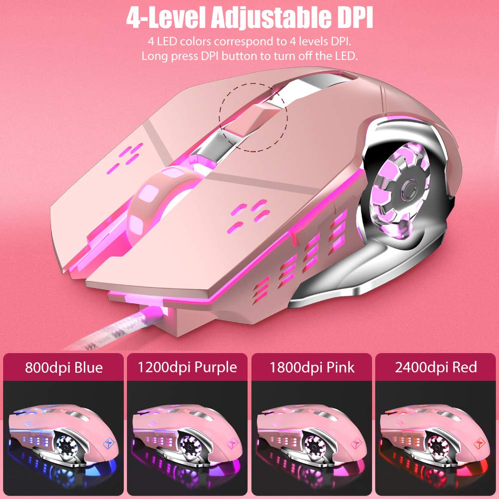 TISHLED Typewriter Style Mechanical Gaming Keyboard and Mouse Combo, 104-Key Anti-Ghosting Blue Switch Retro Steampunk Round Keycaps Metal Panel White LED Backlit Wired USB for PC, Mac, Laptop (Pink)