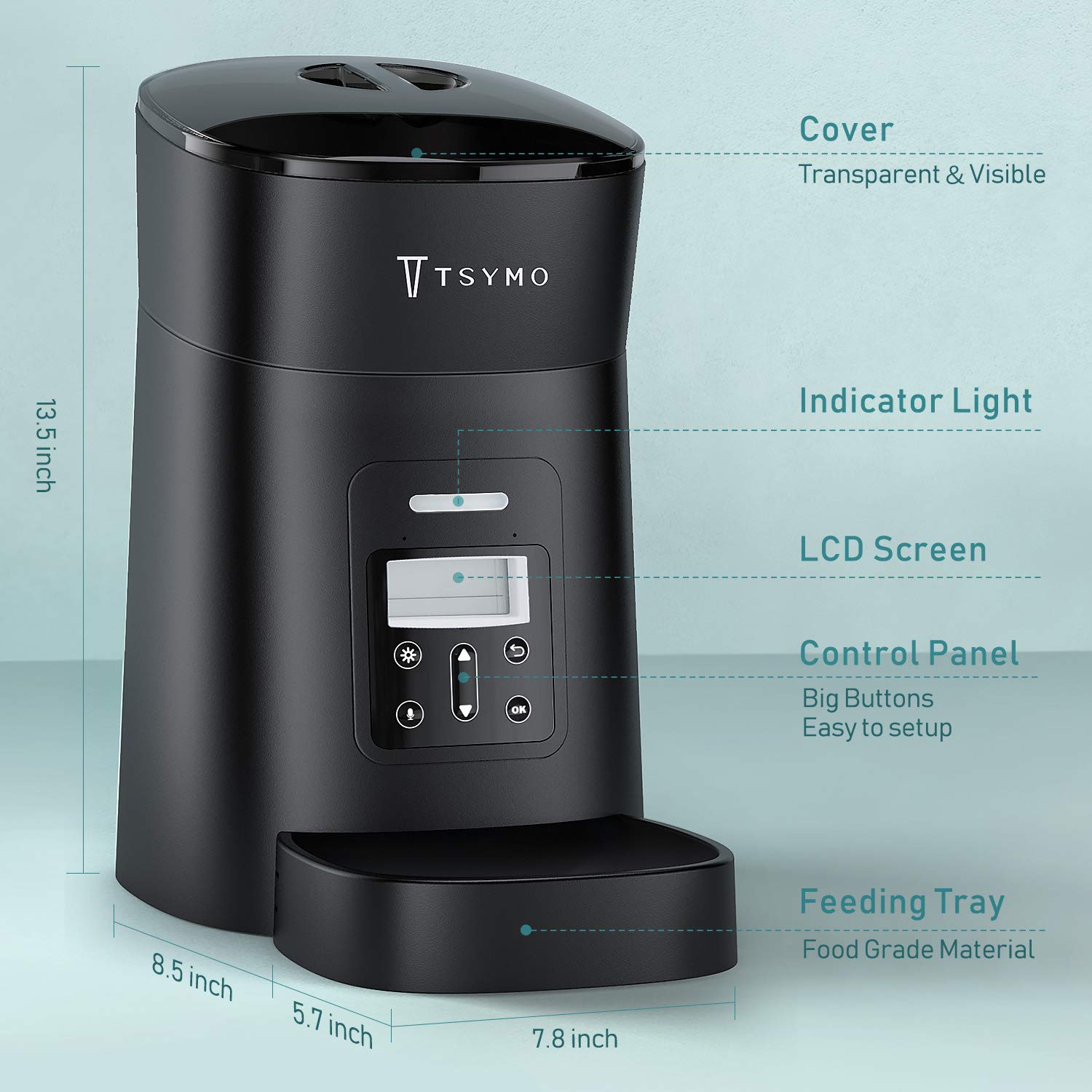 TSYMO Automatic Cat Feeder - 1-6 Meals Auto Dog Food Dispenser with Anti-Clog Design, Timer Programmable, Voice Recording & Portion Control for Small & Medium Pets (4 L Black)