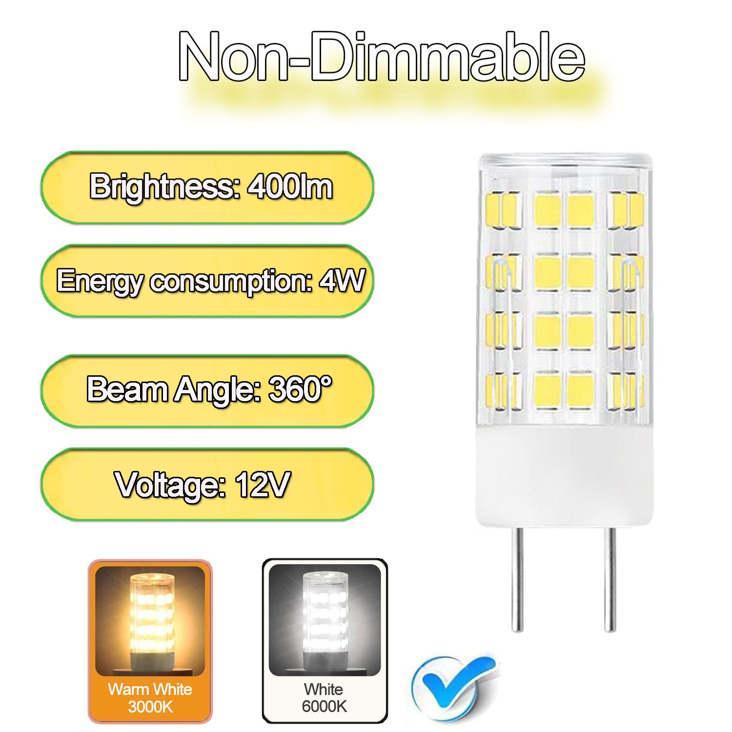 ZSSXOLED GY6.35 G6.35 Bi-pin Base LED Bulb 4Watt (35W-40W Halogen Equivalent) AC 12V Non-Dimmable No-Flicker 400 Lumen 360°Beam Angle 3000K Warm White (4-Pack)