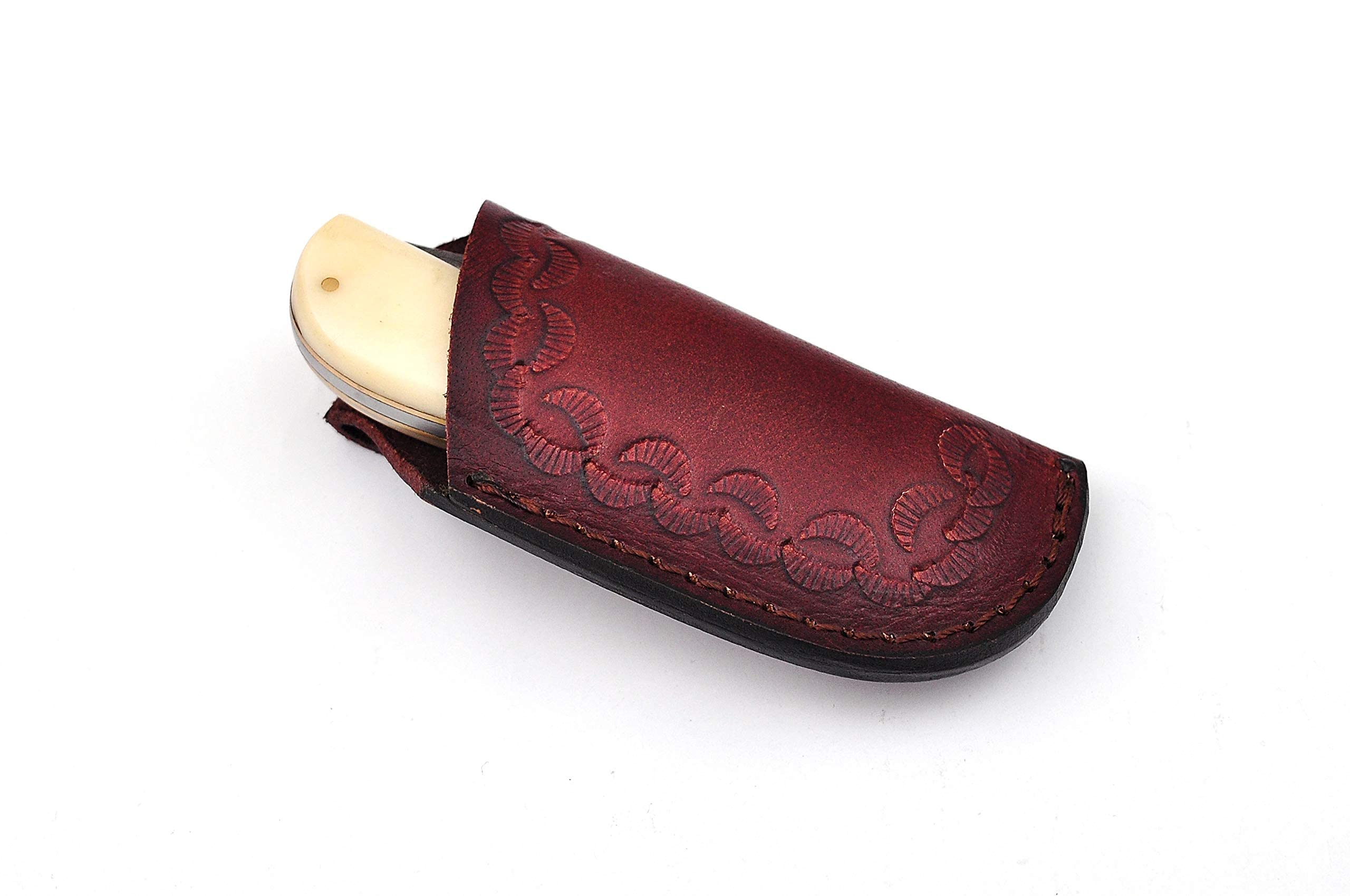 Zaildar Damascus Steel Pocket Knife - Handmade Folding Knife, EDC Knife, Hunting Knife, Camping Knife & Hiking Knife with Brass & Bone Handle & Leather Knife Sheath