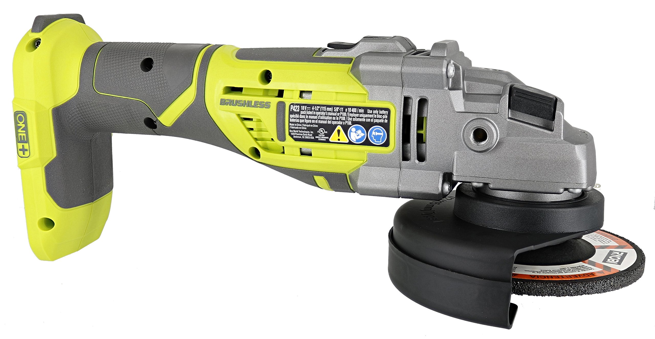 Ryobi P423 18V One+ Brushless 4-1/2" 10,400 RPM Grinder and Metal Cutter w/ Adjustable 3-Position Side Handle and Onboard Spanner Wrench (Battery Not Included, Power Tool Only)