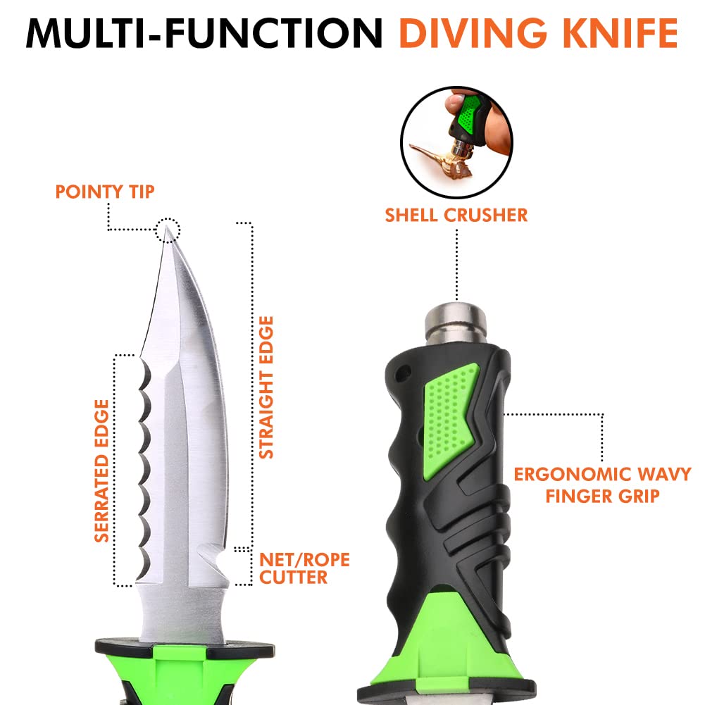 Scuba Diving Knife with Leg Strap Sheath and Silicone Strap, Double Edged Tactical Sharp Dive Stainless Steel Blade with Lock Release Button for Divers Snorkeling Spearfishing Hunting Hiking, Green