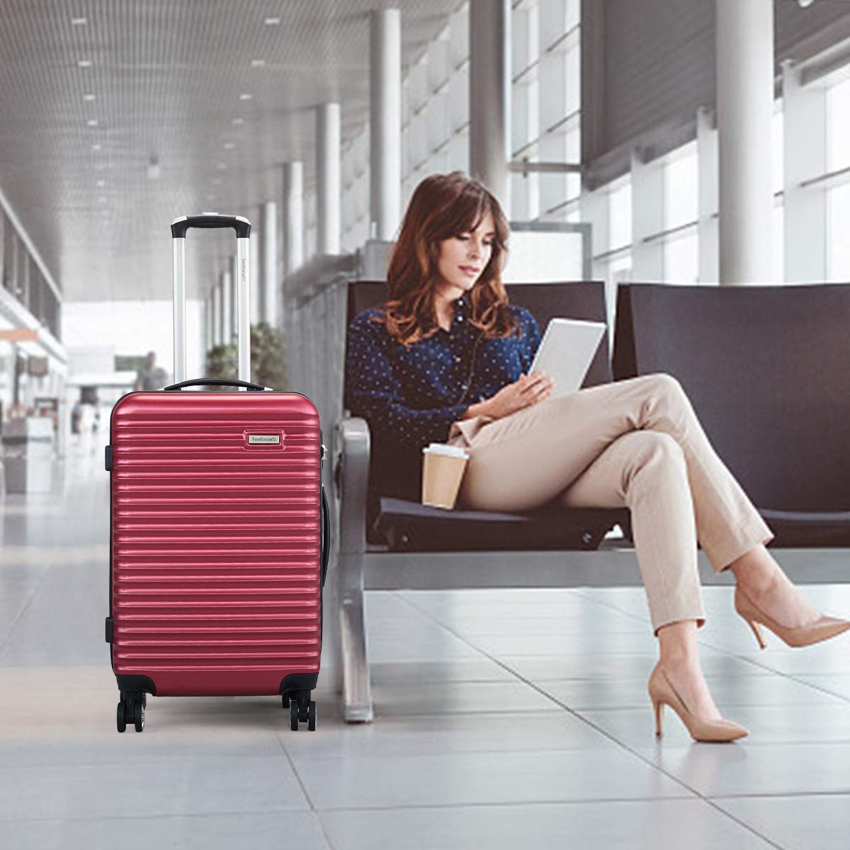Sandinrayli Hardside Luggage Set, 20" Carry-On, 24" & 28" Suitcase with Spinner Wheel, Lightweight & Durable ABS, Wine Red