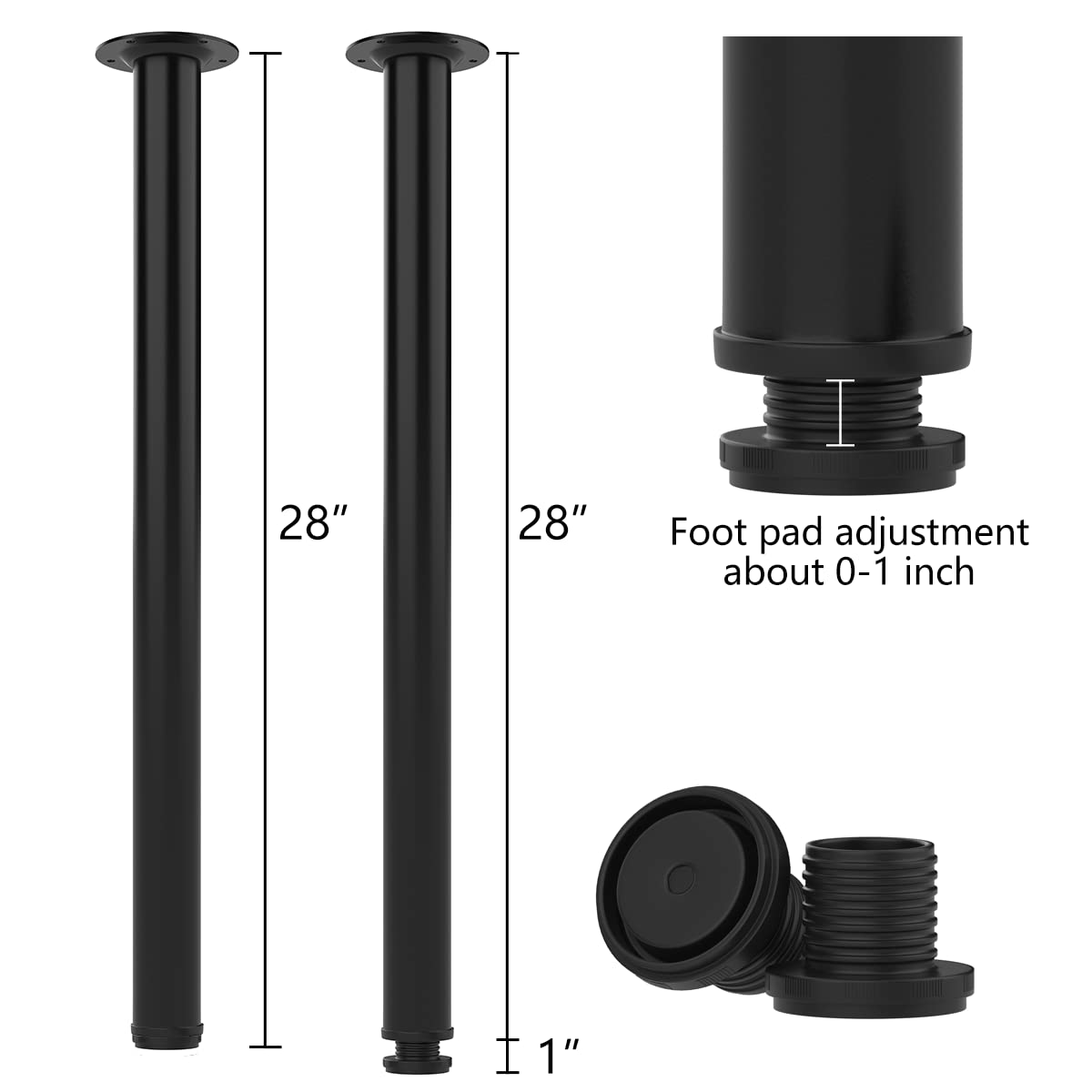WINSOON 28 Inch Adjustable Metal Table Legs Heavy Duty Durable Office Furniture Legs Kitchen Dinner Desk Legs Set of 4, Black