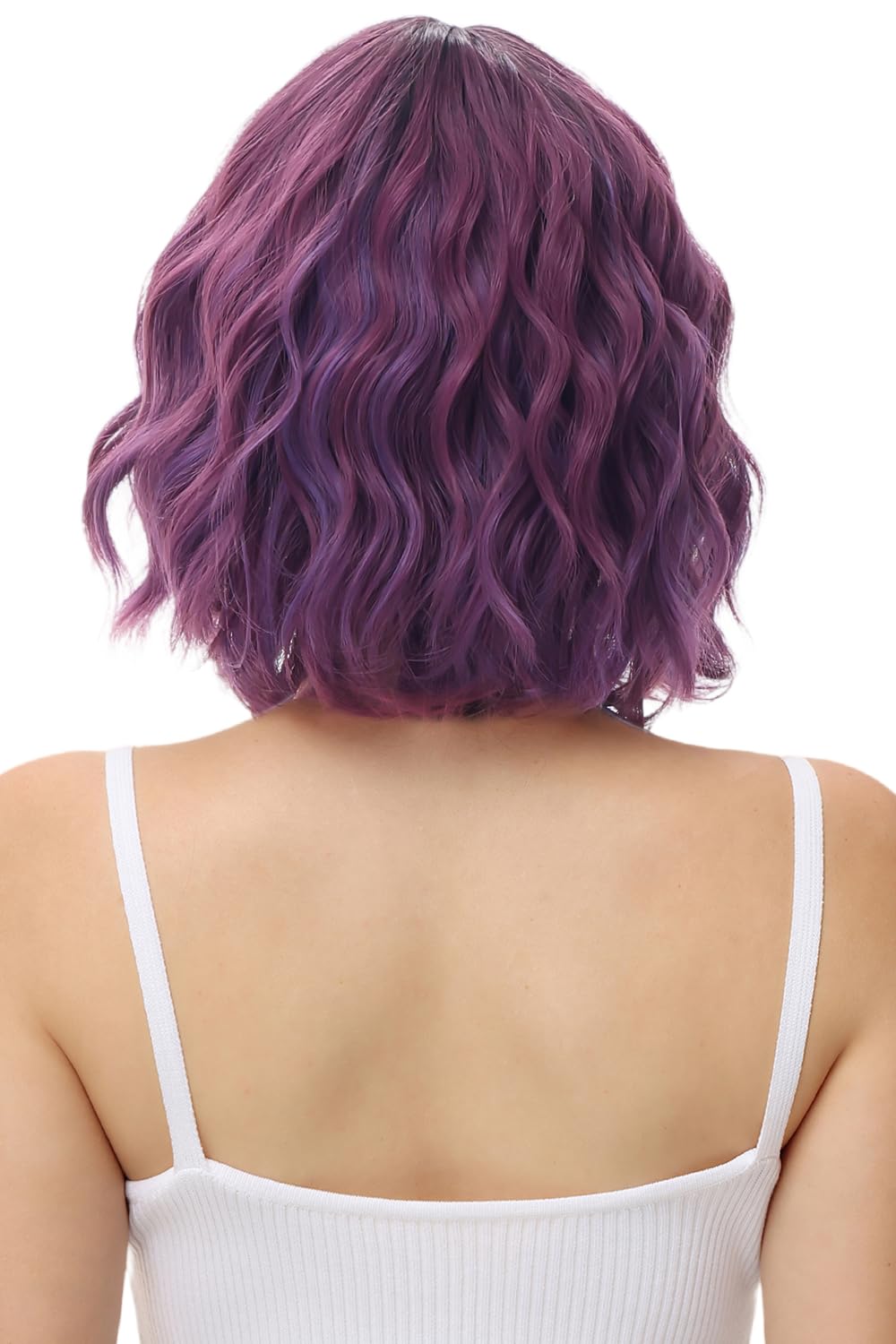 Rose bud Wavy Bob Wig with Bangs Natural Ombre Purple Wig Synthetic Hair Shoulder Length Short Curly Wigs for Women