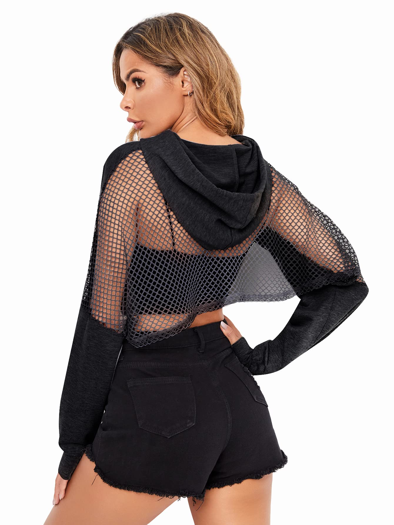 Verdusa Women's Sheer Fishnet Drop Shoulder Drawstring Hoodie Crop Sweatshirt Black S