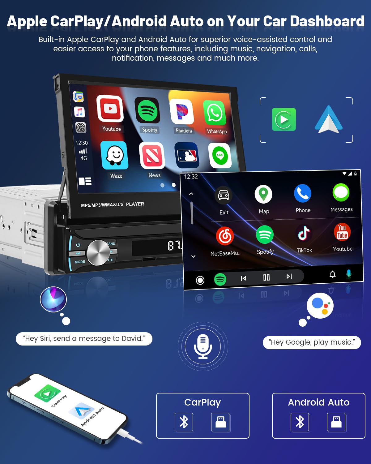 Roinvou Single DIN Car Stereo with Wireless Carplay Android Auto, 7'' Retractable Touch Screen Bluetooth Car Radio Support Mirror Link, Remote Control, FM/AUX-in/SWC/MIC, Multi-Color Button Lights