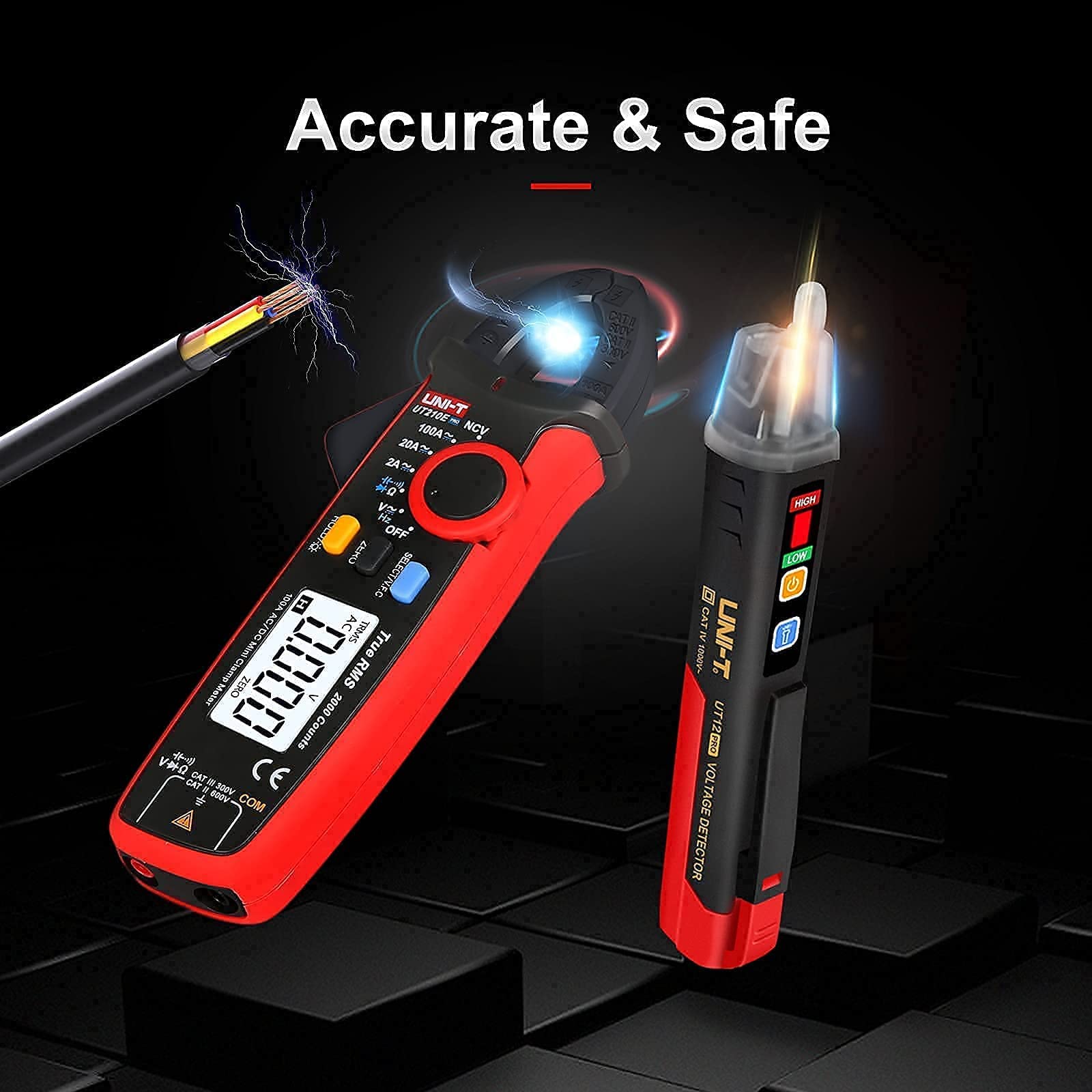 UNI-T Electrical Test Maintenance Kit, UT210e Pro Clamp Meter, UT12Pro AC Voltage Tester Pen, Test Leads, Pouch, AC/DC Current Volt Ohm Capacitance Frequency Diode NCV Live/Null Wire Judgment