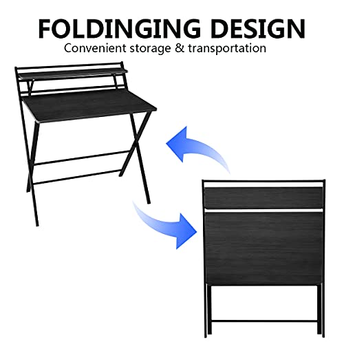 TC-Home Folding Desk- 2 Tiers Computer Table Foldable Black No Assembly Required Computer Desk with Shelf Furniture Workstation Home Office