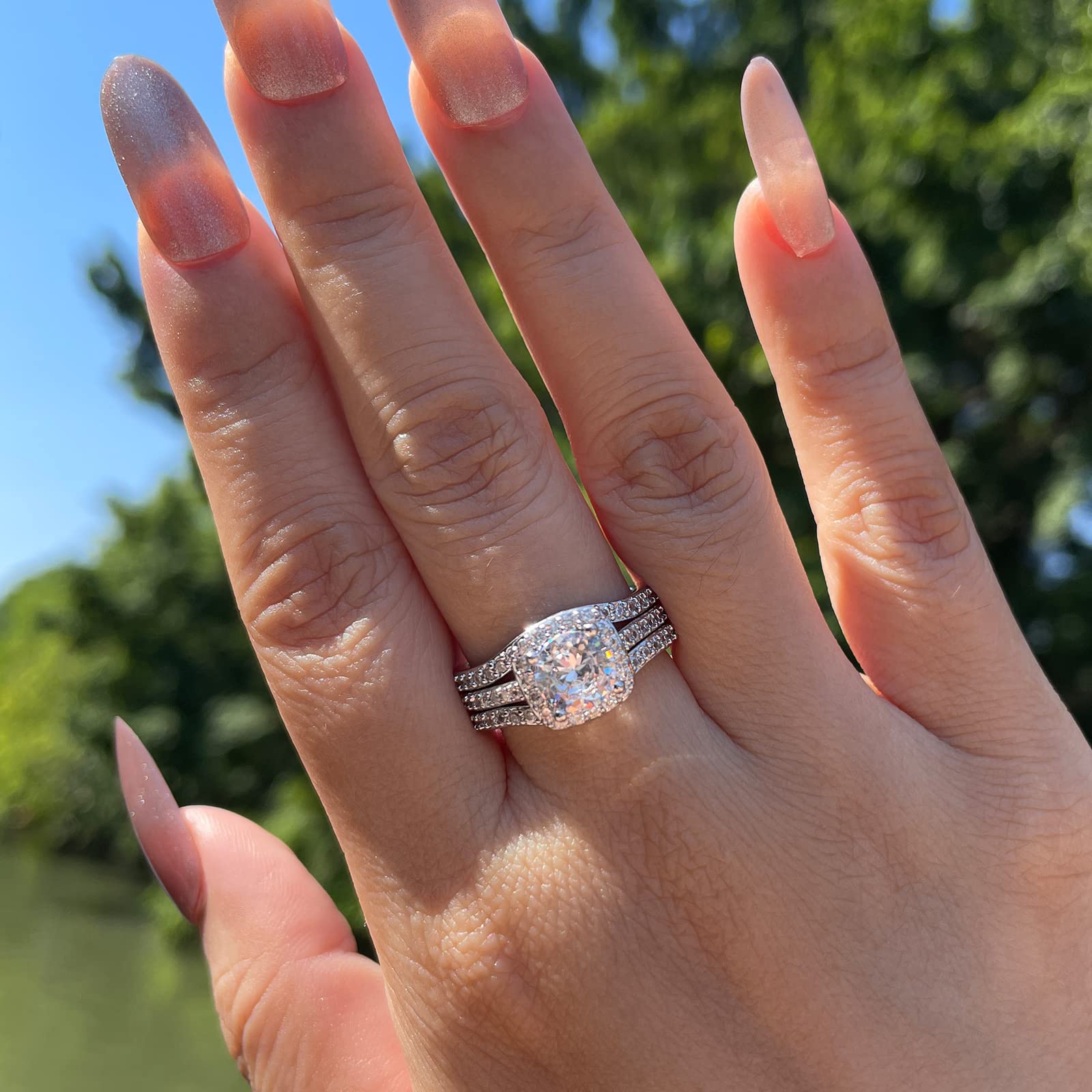 YOYEEWYNS 18K White Gold Three-in-One Halo Wedding Bridal Ring Set for Women Cubic Zirconia Engagement Eternity Rings Size 7