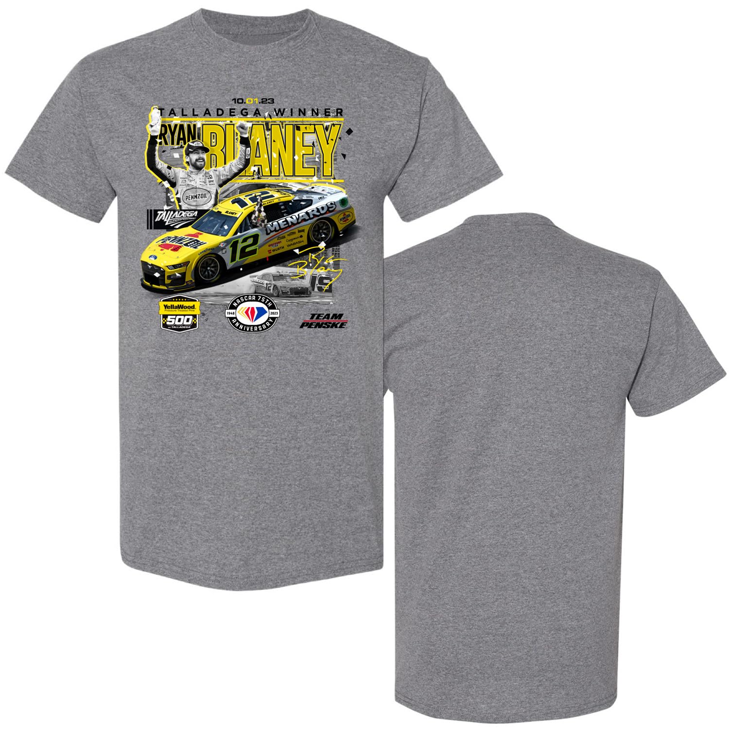 Ryan Blaney #12 NASCAR 2023 Yellawood 500 at Talladega Winner 10.1.2023 Win T-Shirt (US, Alpha, X-Large, Regular, Regular) Gray