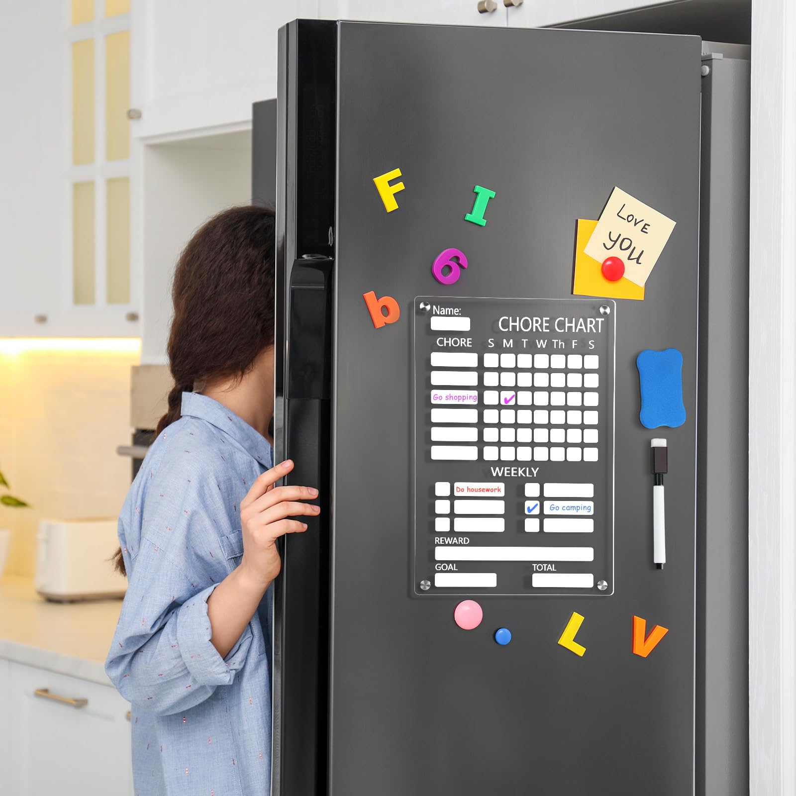 Seajan Acrylic Chore Chart for Kids Magnetic Clear Chore Chart for Fridge Acrylic Dry Erase Calendar Board Weekly Reward Chores Chart with Marker and Eraser for Kids(Delicate, 14 x 9 Inch)