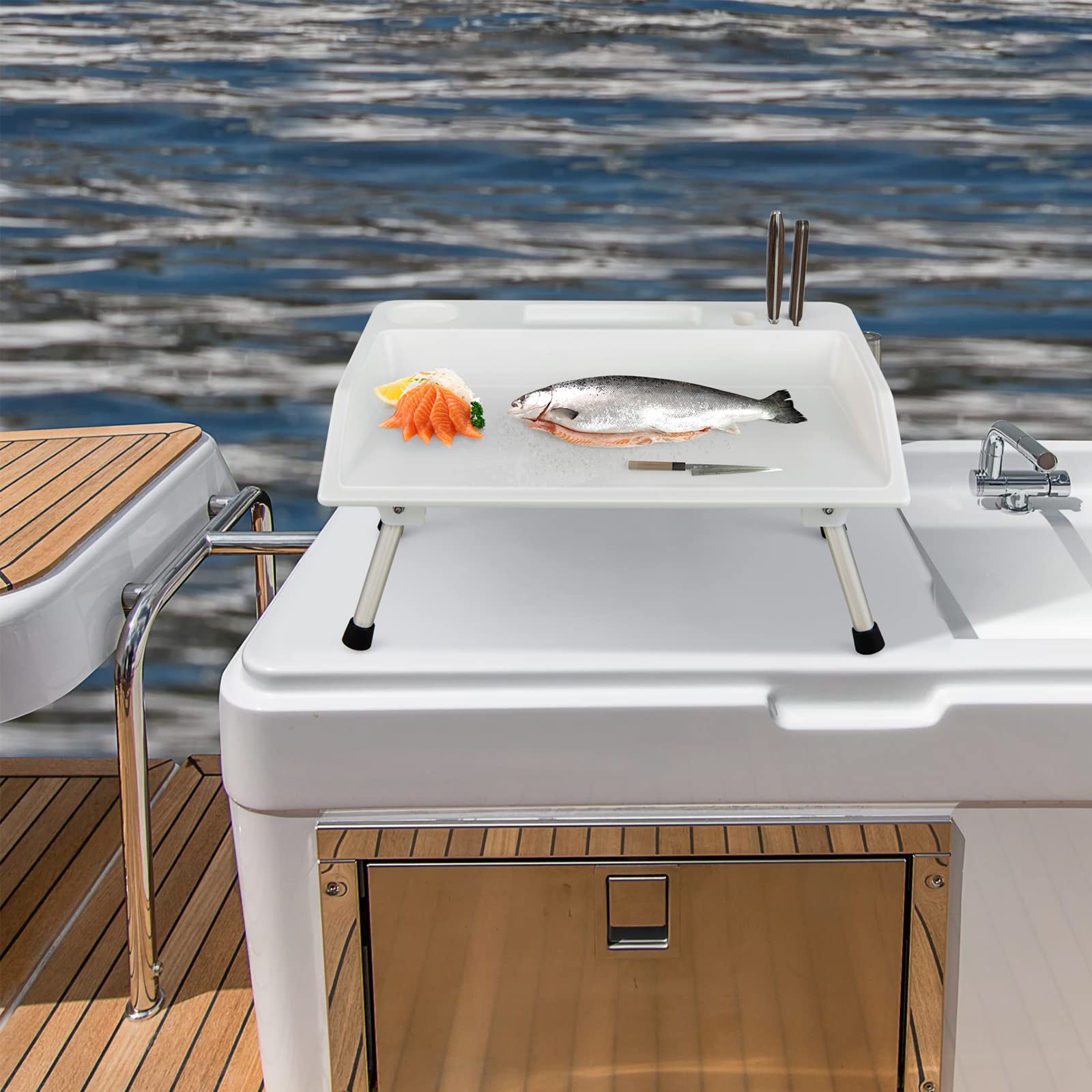 S AFSTAR Folding Fish Cleaning Table, Portable Fish Fillet Cutting Table w/Knife Slots, Cup Holder, Drainage Hose, Compact Boat Bait Table, Small Cutting Board for Camping Picnic Beach