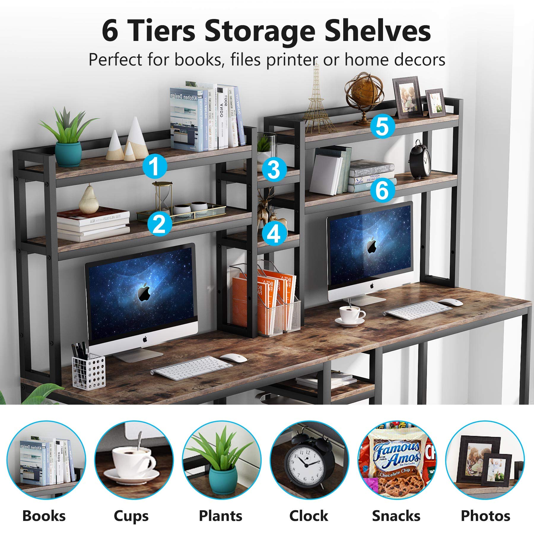 Tribesigns 90.5 inches Computer Desk with Hutch, Extra Long Two Person Desk Double Workstation with Storage Shelves, Large Office Desk Study Writing Tabl with Tower Shelf for Home Office, Rustic Brown