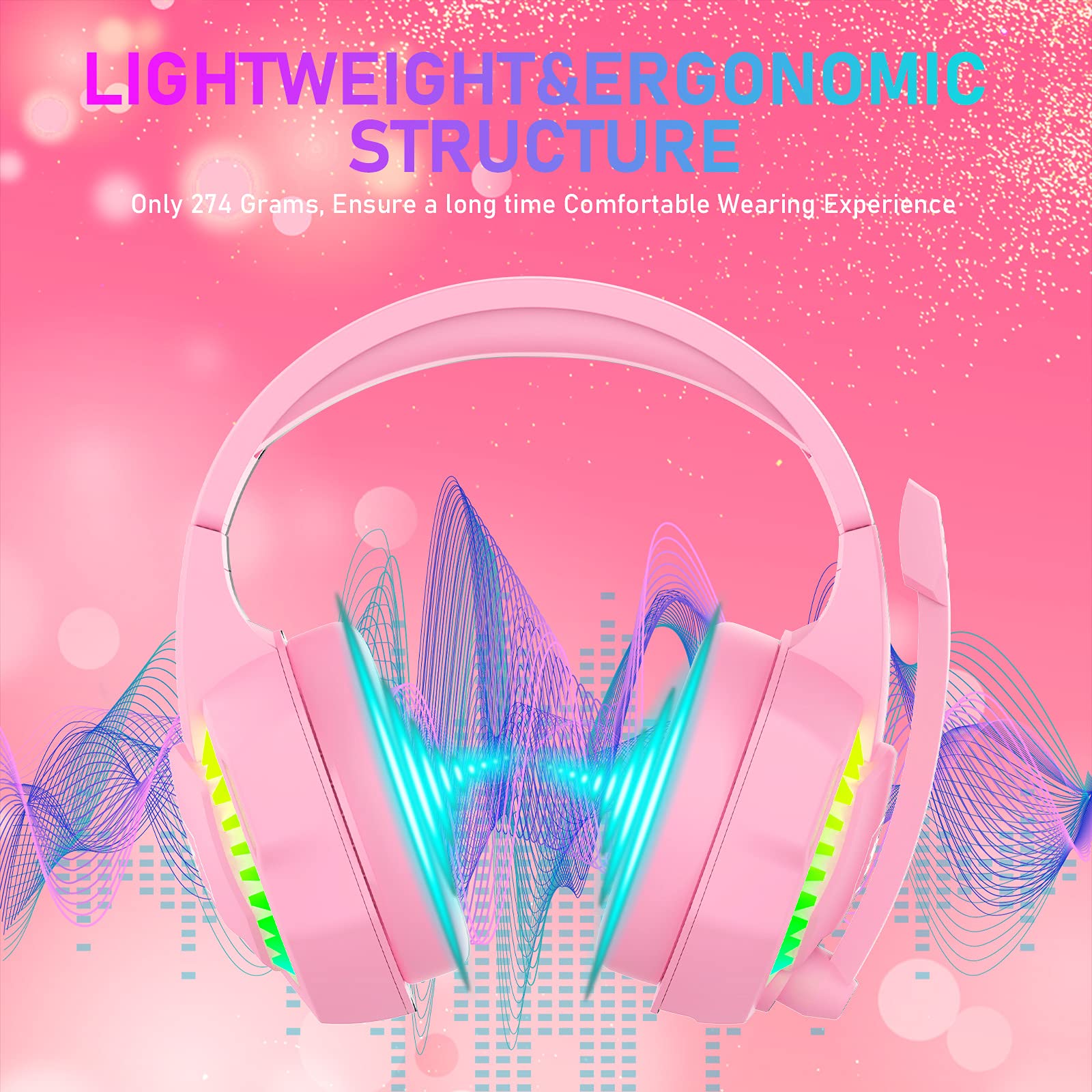 Wired Gaming Headset with Rainbow RGB Backlight Retractable Noise Isolating Microphone Stereo Sound Deep Bass Memory Foam Earmuff Over Ear Headphone for PS4 Xbox One Switch PC Mac Gamer Music (Pink)
