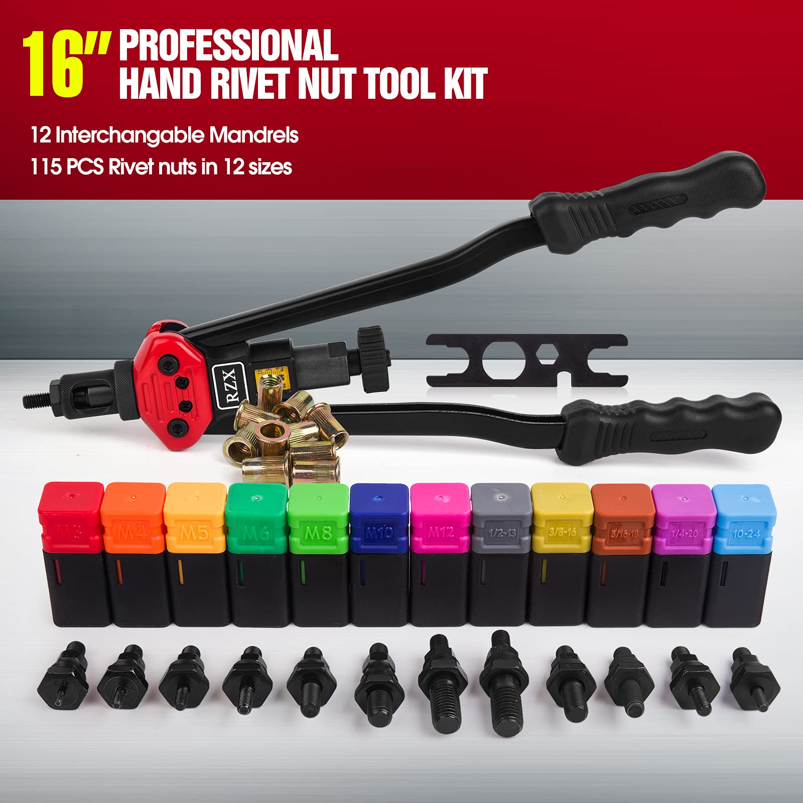 RZX 16" RIVET NUT TOOL Hand Blind Riveter,RIVNUT Riveting Tools with Nut Setting System totally 12mandrels M3 M4 M5,m6,m8,m10 M12, 10-24, 1/4-20, 5/16-18,3/8-16,1/2-13 +115PCS Rivets Nuts