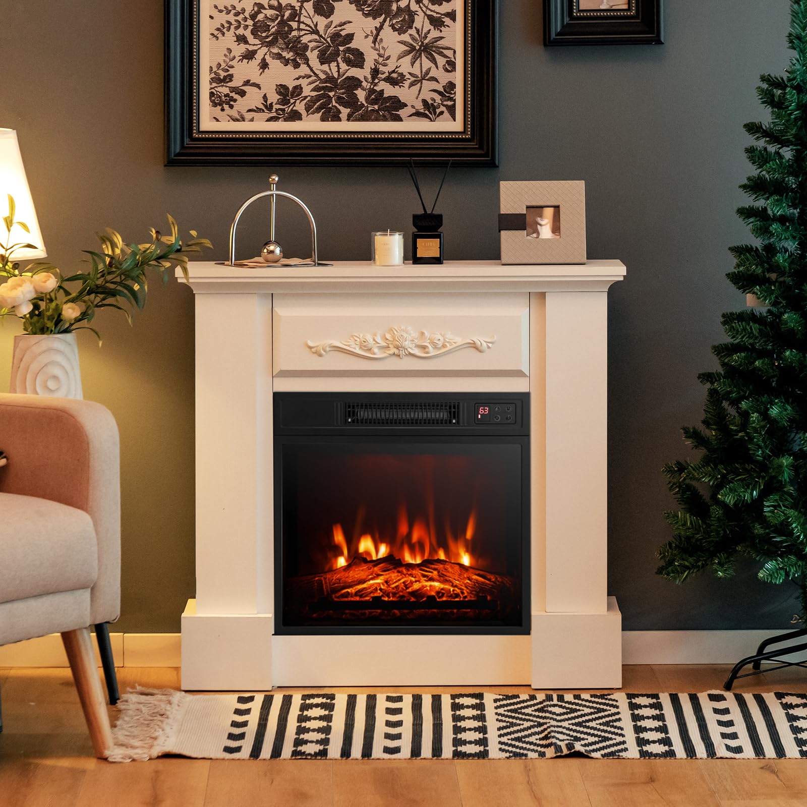Tangkula 1400W 32 Inches Electric Fireplace with Mantel, Freestanding Fireplace Heater with 3D Flame Effect, Remote Control, Thermostat, 6H Timer, Overheat Protection (White)