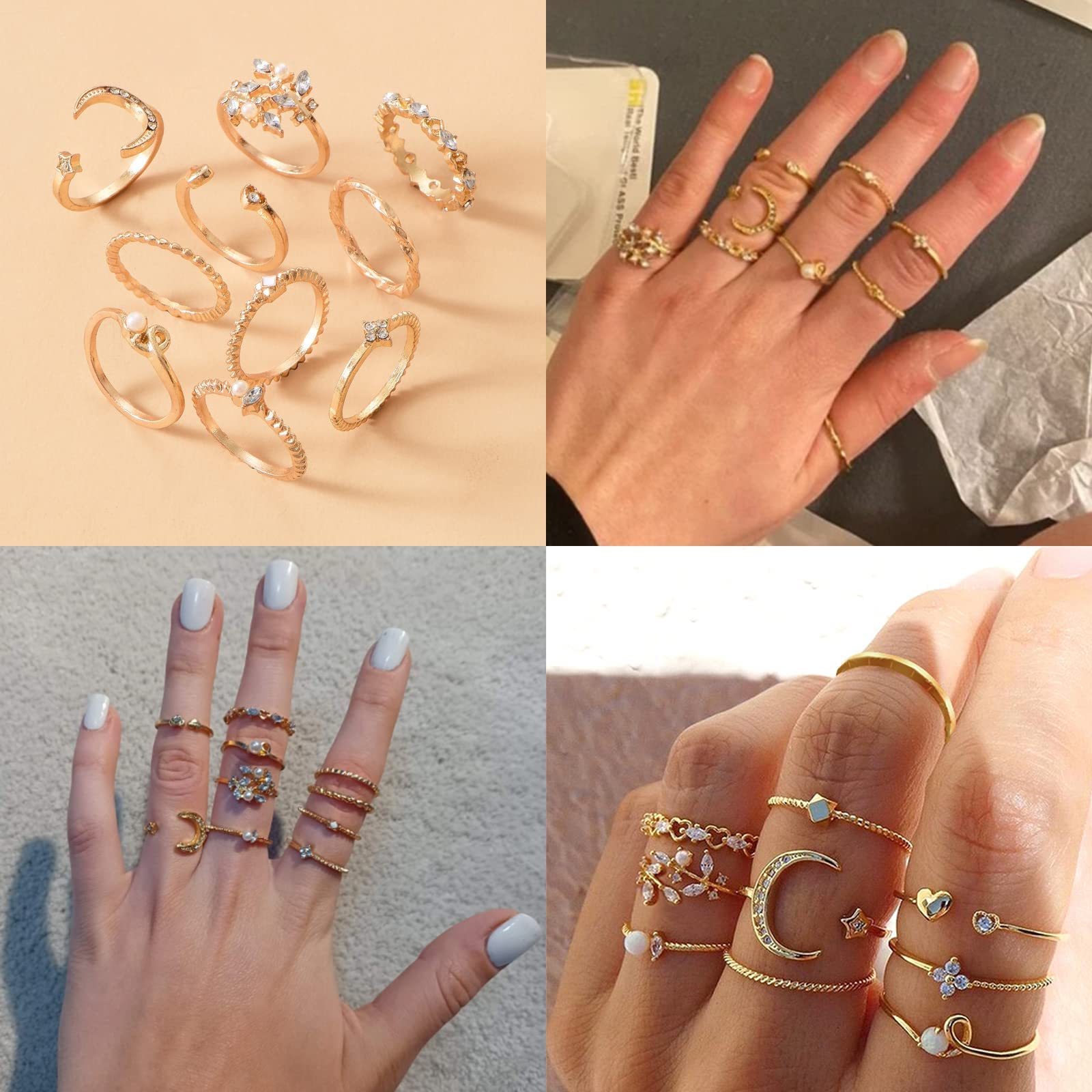YRlilicc 10Pcs Bohemian Knuckle Stacking Rings for Women Multiple Stackable Rhinestone Pearl Flowers Joint Finger Rings Dainty Stack Gold Midi Rings Set