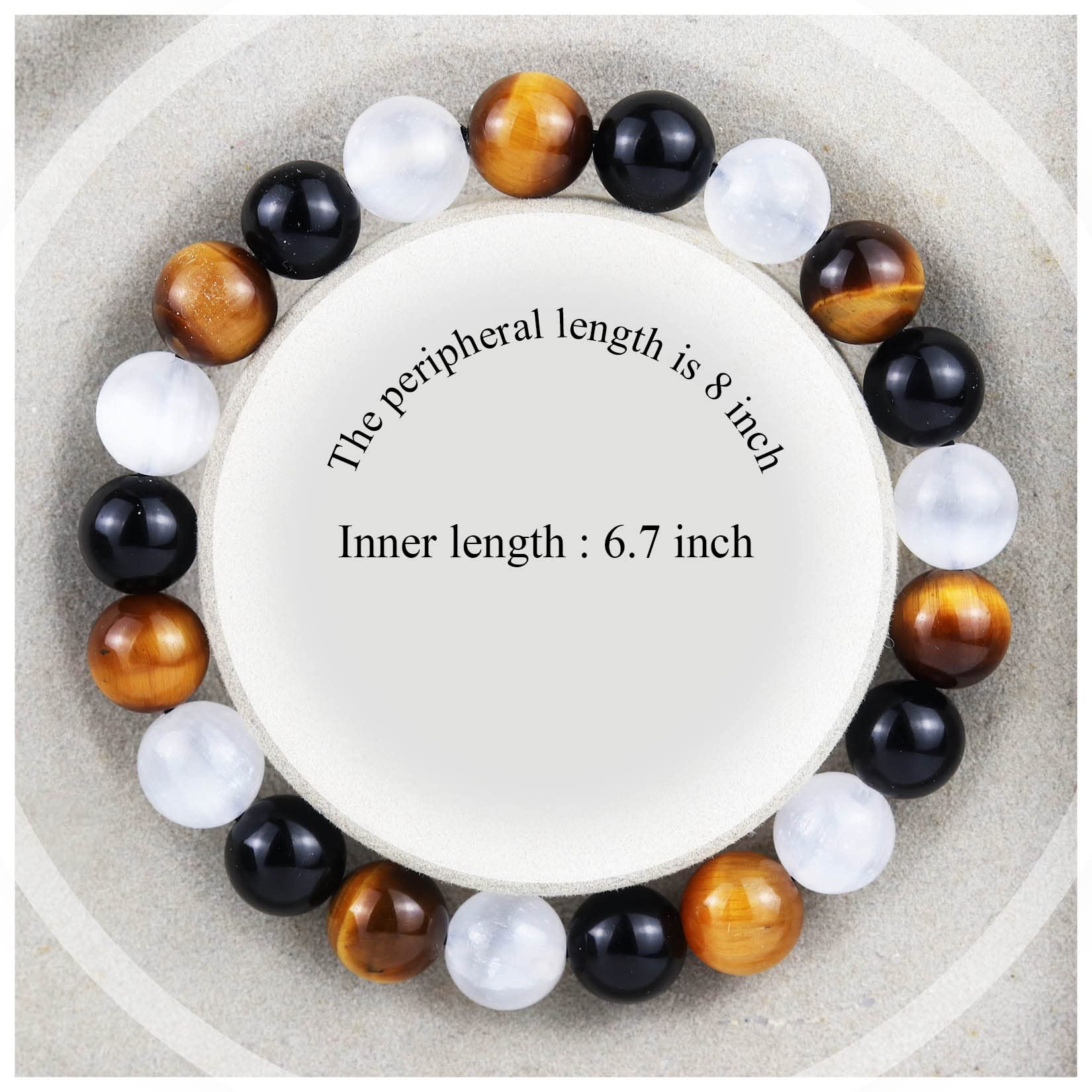 Triple Protection Bracelet | Natural Stone 10mm - Beaded | Bracelet for Women Men (Selenite+Tiger Eye+Obsidian)