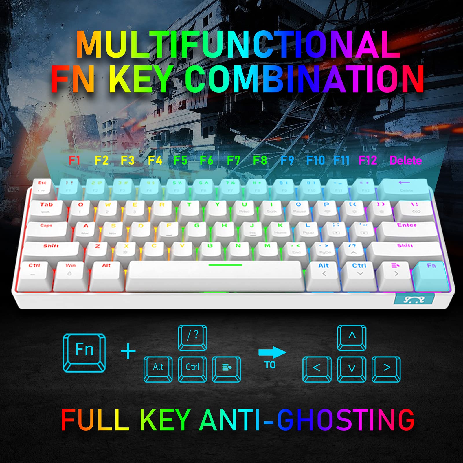 Wireless 60% Dual Mode BT5.0/USB-C Wired Mechanical Gaming Keyboard with Rainbow Backlight Compact 61Key Ergonomic Rechargeable Anti-ghosting Bluetooth for PC Typist Mac Gamer(White/Red Switch)