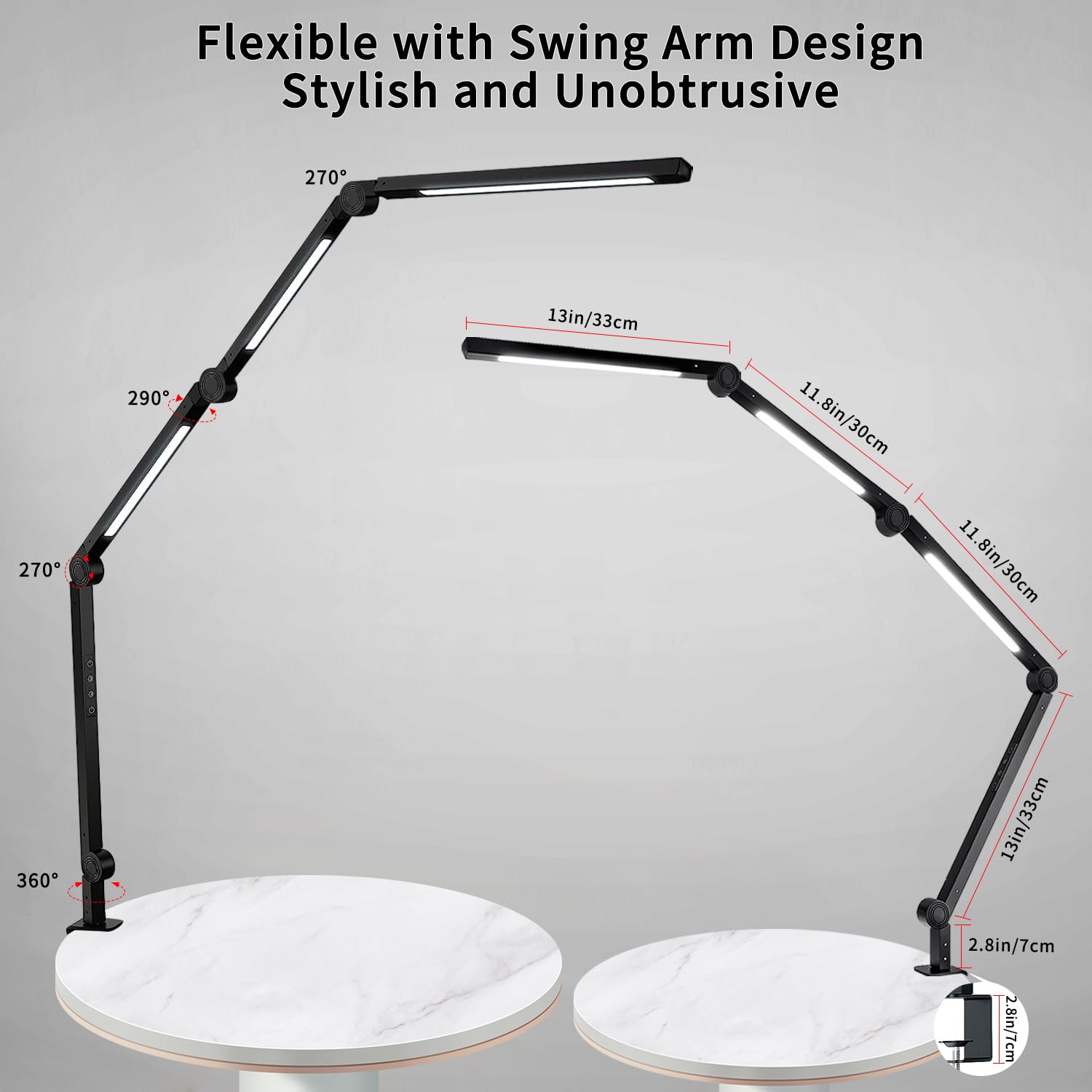 vimeepro LED Desk Lamp with Clamp Flexible 4 sections Swing Arm Three light sources desk light, 4 Color Modes & 5 Brightness, Eye Caring Led table light with Memory Function for table lamps for office