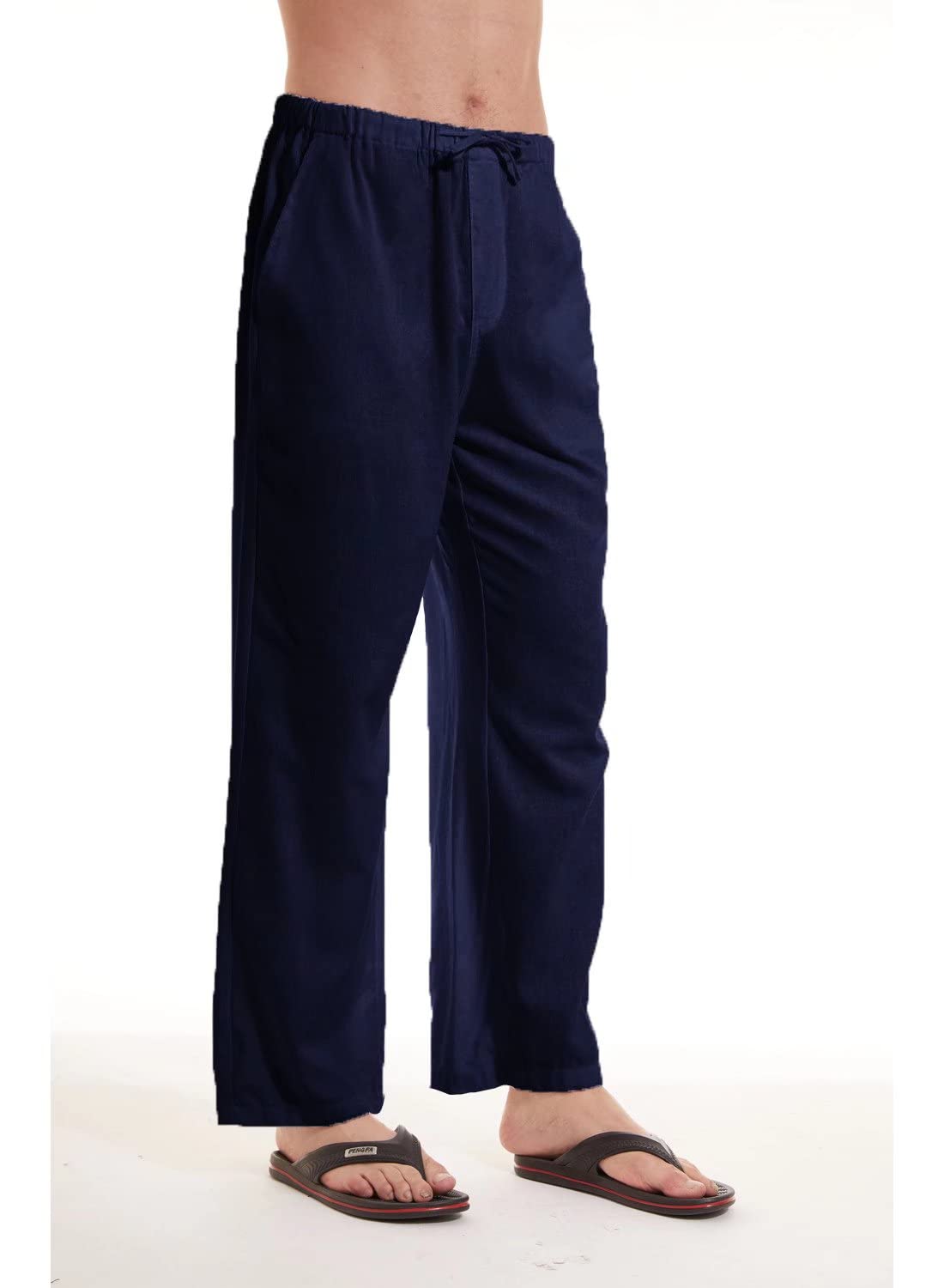 YuKaiChen Men's Linen Cotton Yoga Pants Lounge Casual Sweatpants Beach Trousers Blue L