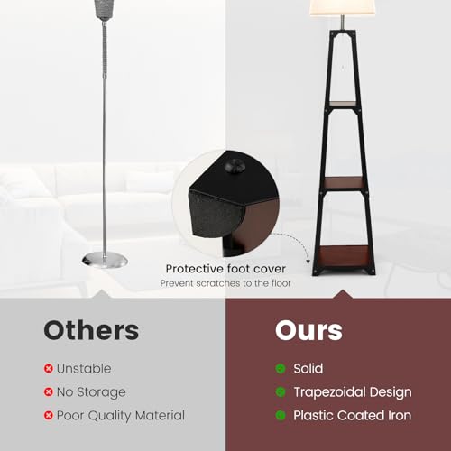 Tangkula Shelf Floor Lamp, Modern Wood Square Standing Lamp with 3 Tiers Shelves and Linen Shade, Stable Trapezoidal Design, E26 Lamp Base, 62" Tall Metal Frame Shelf Lamp for Living Study Bedroom