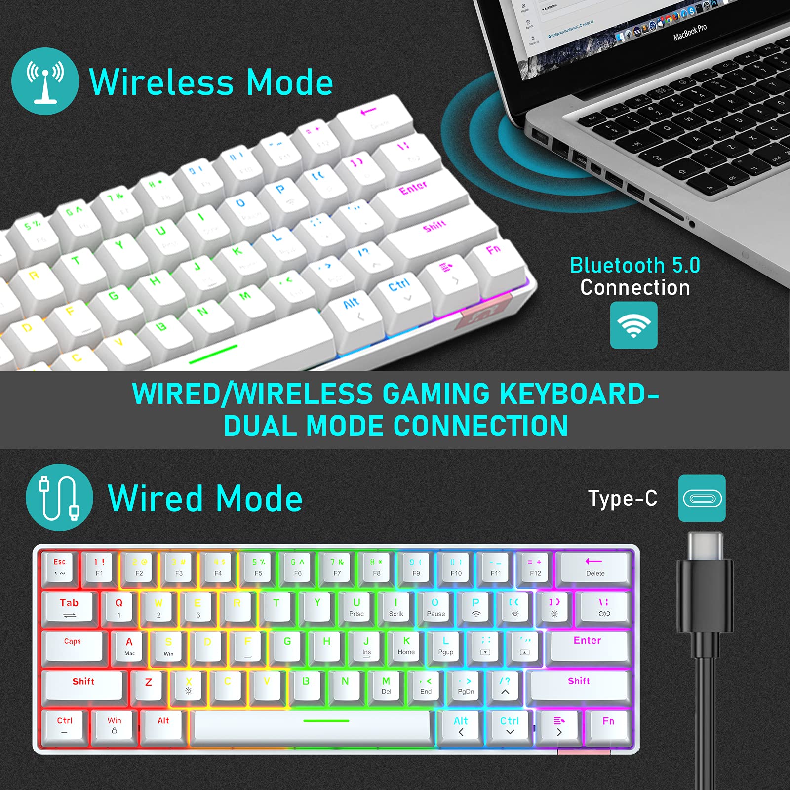 Wireless 60% Dual Mode BT5.0/USB-C Wired Mechanical Gaming Keyboard with Rainbow Backlight Compact 61Key Ergonomic Rechargeable Anti-ghosting Bluetooth for PC Typist Mac Gamer(White/Red Switch)