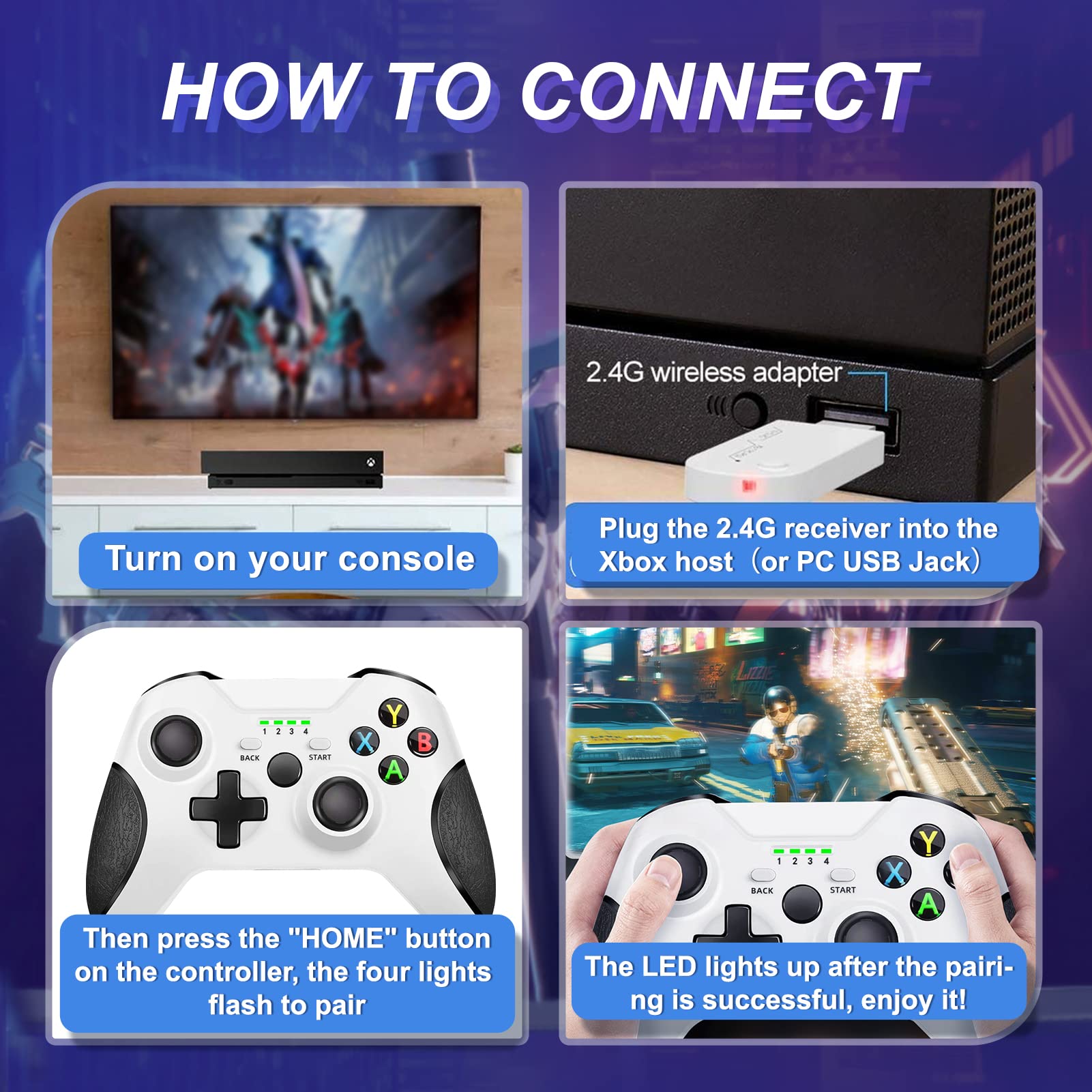 Wireless Controller for Xbox One, 2.4GHZ Game Controller Compatible with Xbox One/One S/One X/One Series X/S/Elite/PC Windows 7/8/10 with Built-in Dual Vibration (White)