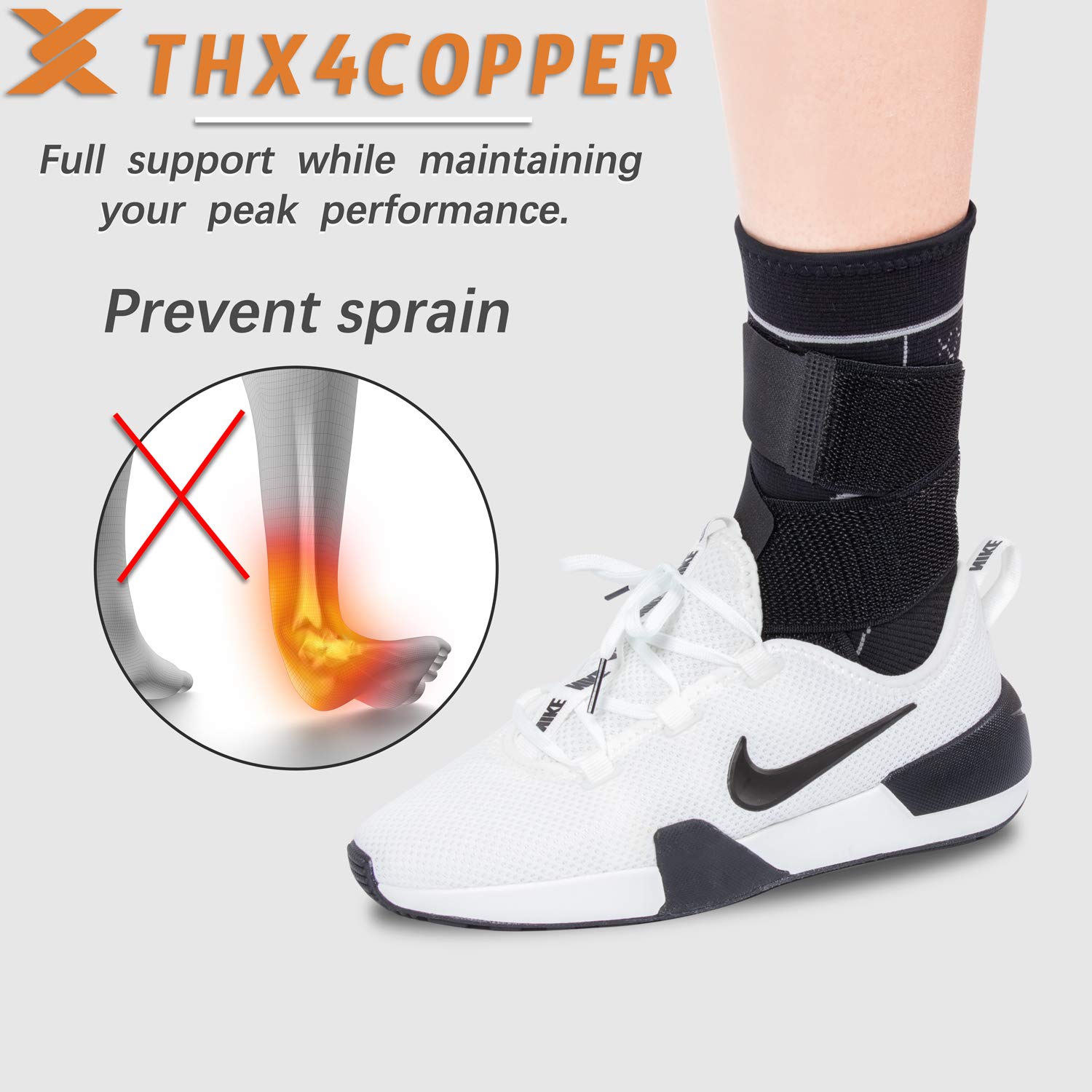 THX4COPPER Ankle Brace Support - Adjustable Compression Ankle Wrap for Protection, Pain Relief, Sprains, Injuries Recovery- Breathable & Comfortable Foot Sleeve - Men/Women, Left/Right