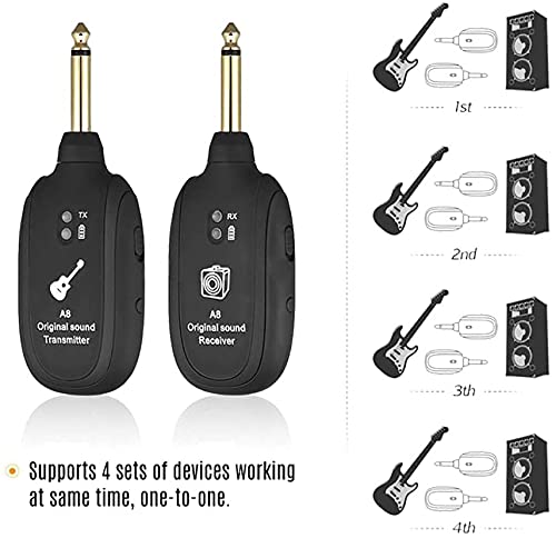 Wireless Guitar System, Wireless Guitar Transmitter and Receiver, 3.7V 600mAh 20Hz-20kHz UHF Built-in Rechargeable Support 4 Channels Transmitter Receiver with Plug for Electric Guitar Bass Organ