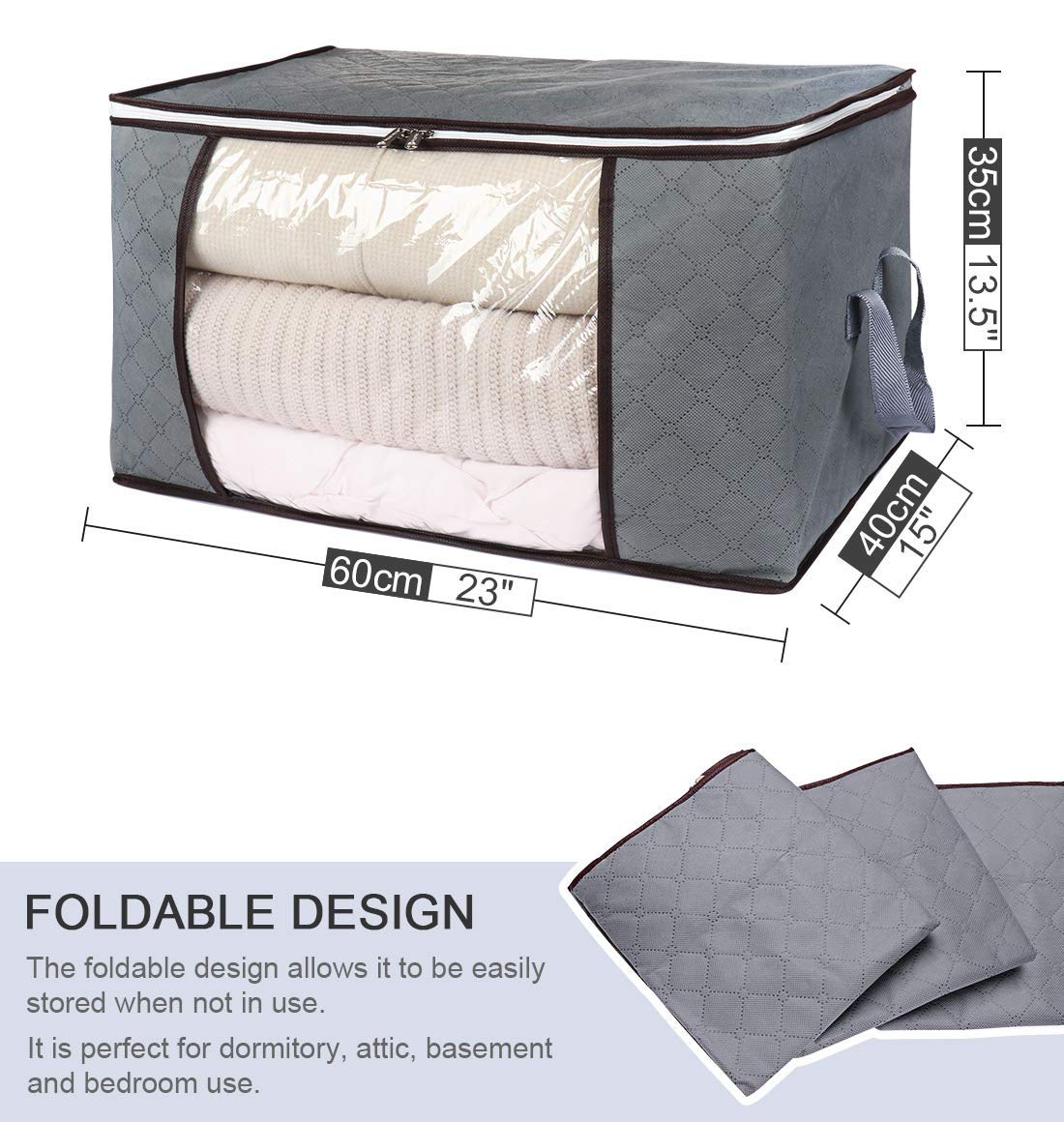 SAVICOS Large Foldable Clothes Storage Bag Organizer with Carry Handles,Sturdy Zipper, Clear Window for Clothes, Blankets, Closets, Bedrooms (3-Pack, Gray)