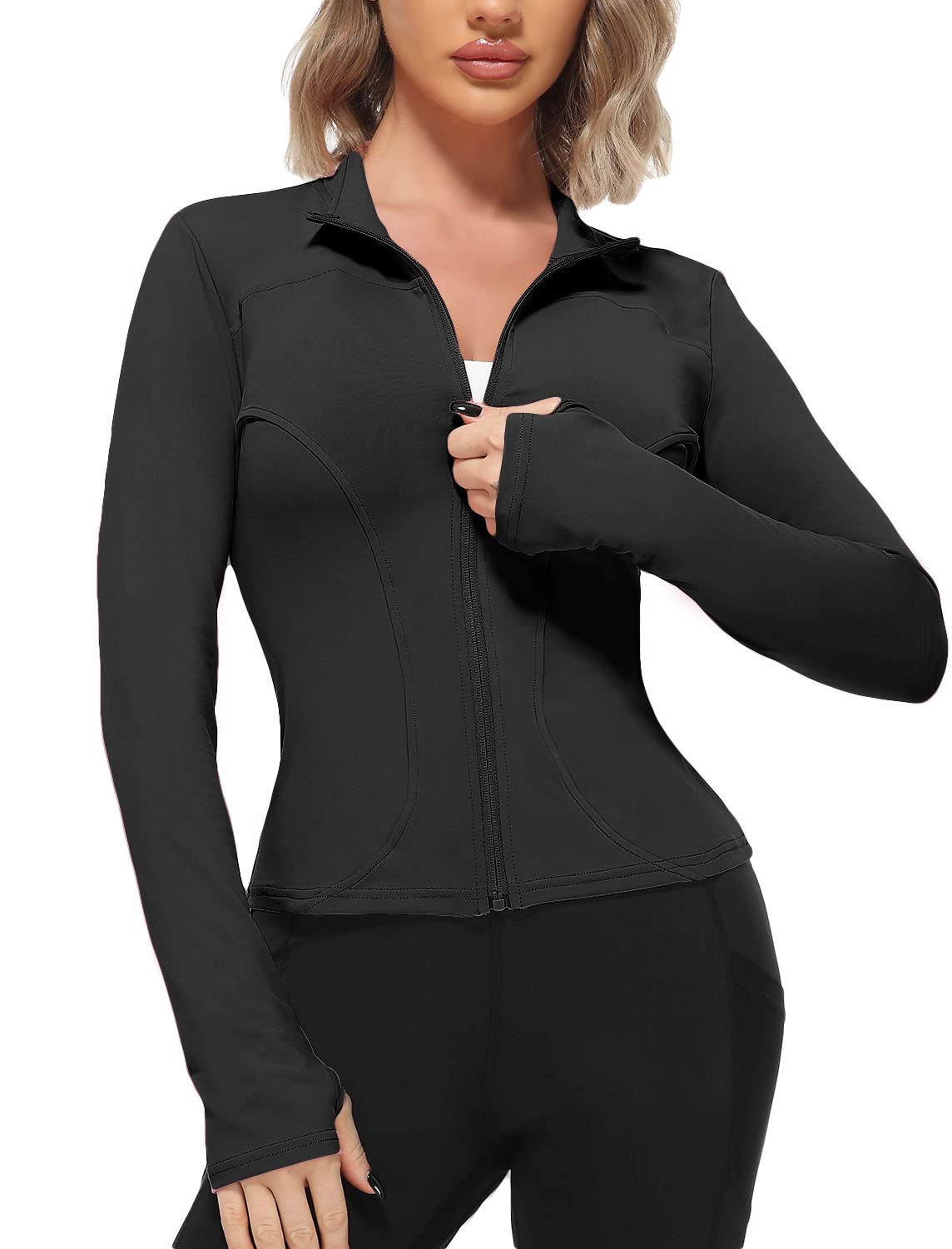 YIARBID Womens Running Jacket Lightweight Full Zip Slim Fit Workout Yoga Track Jacket Tops(A-Black,L)