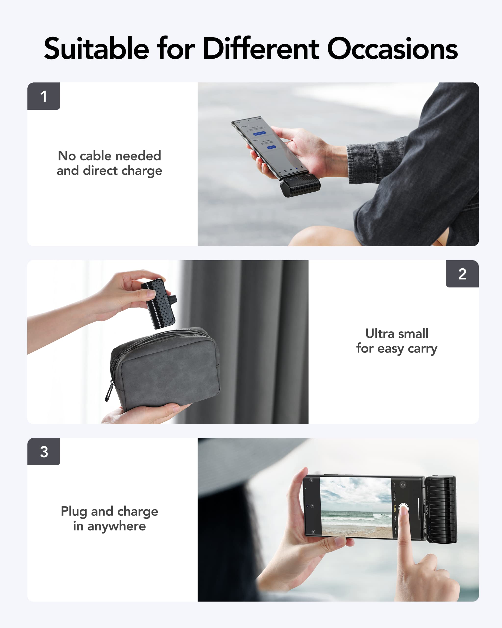 VRURC Mini Portable Charger Fast Charging, Built-in USB C in & Out Connector Power Bank 5000mAh,20W Battery Pack with Foldable Stand for iPhone 15,Samsung, Android Series-Black