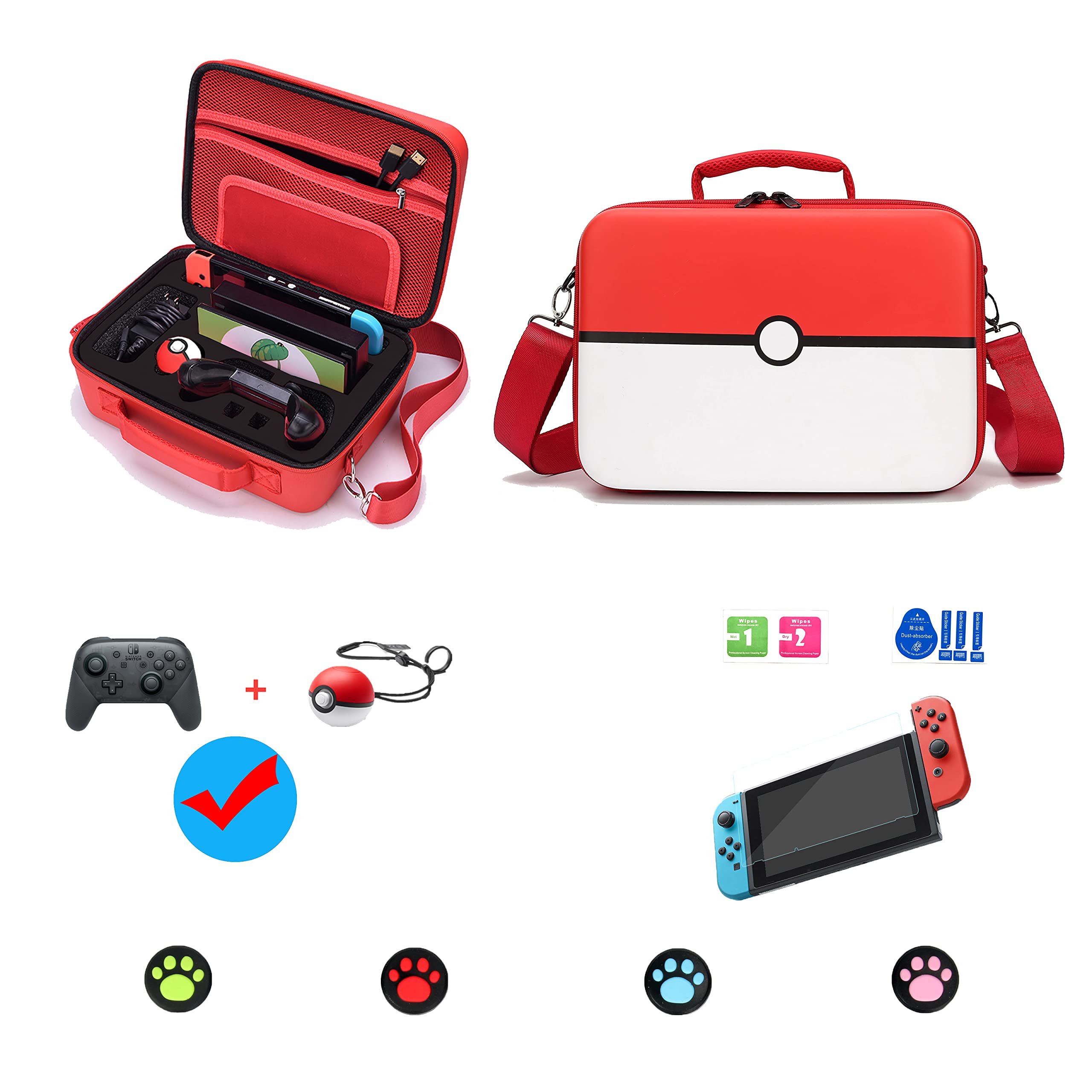 YUESUO Hard Shell Leather Travel case for Nintendo Switch, Carrying cases with shoulder strap & handle, fits pro controller &joy con grip, switch dock, etc.(Pokemon, Inner Black
