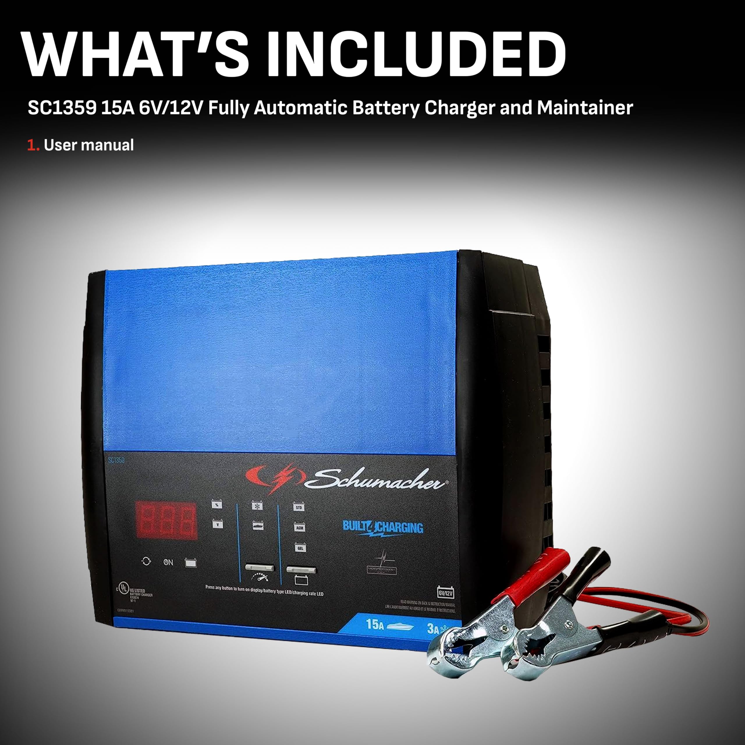 Schumacher SC1359 15A 6V/12V Fully Automatic Battery Charger and Maintainer β Rapid Charging β For Motorcycle, Power Sport, Boat, Car, and Truck Batteries, 4