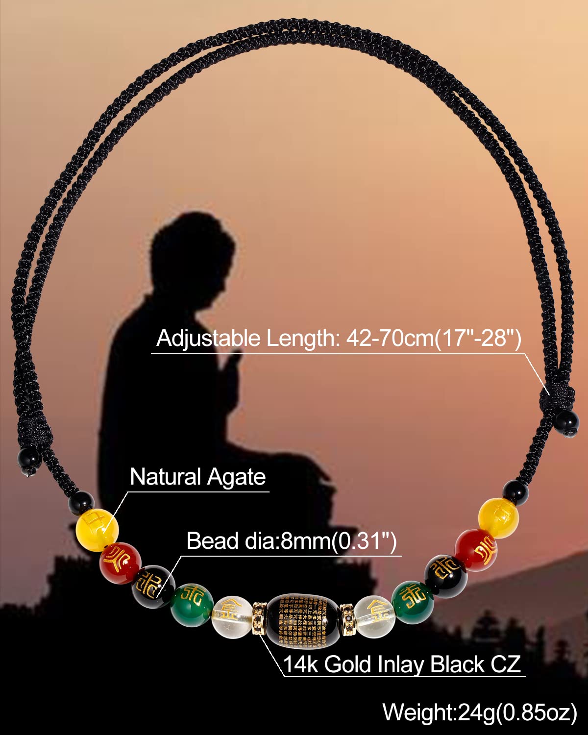 XHUUU Five Elements Agate Beaded with Cord Choker Necklaces for Women Crystals and Healing Stones Heart Sutra Amulet Chokers Necklace