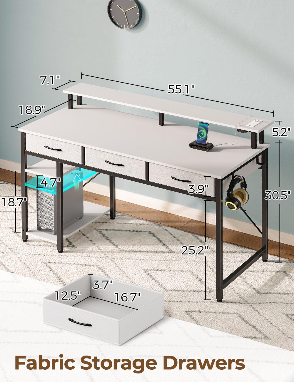Rolanstar Computer Desk with Power Outlets & LED Light, 55 inch Home Office Desk with Drawers and Storage Shelves, Writing Desk with Monitor Stand, Modern Work Study Desk for Home Office, White