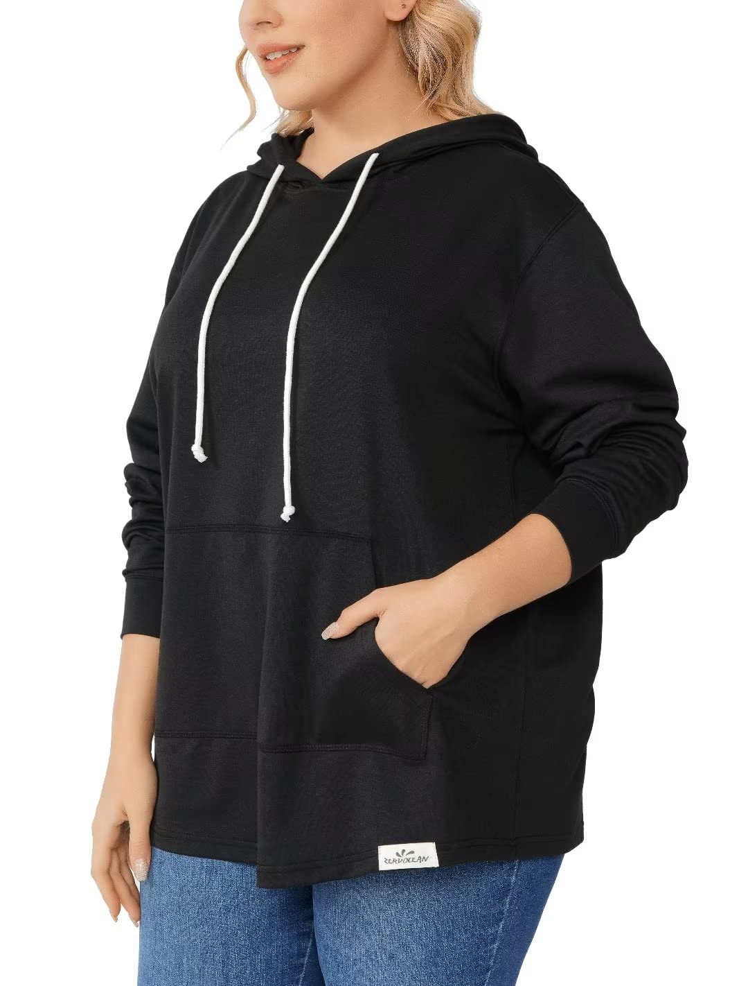 ZERDOCEAN Women's Plus Size Casual Sweatshirts Hoodies Long Sleeve Tunic Tops Pullover with Pockets Black 1X