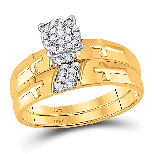 Solid 10k Yellow Gold His and Hers Round Diamond Cross Matching Couple Three Rings Bridal Engagement Ring Wedding Bands Set 1/4 Ct. - (L = 5.5, M = 8.5)