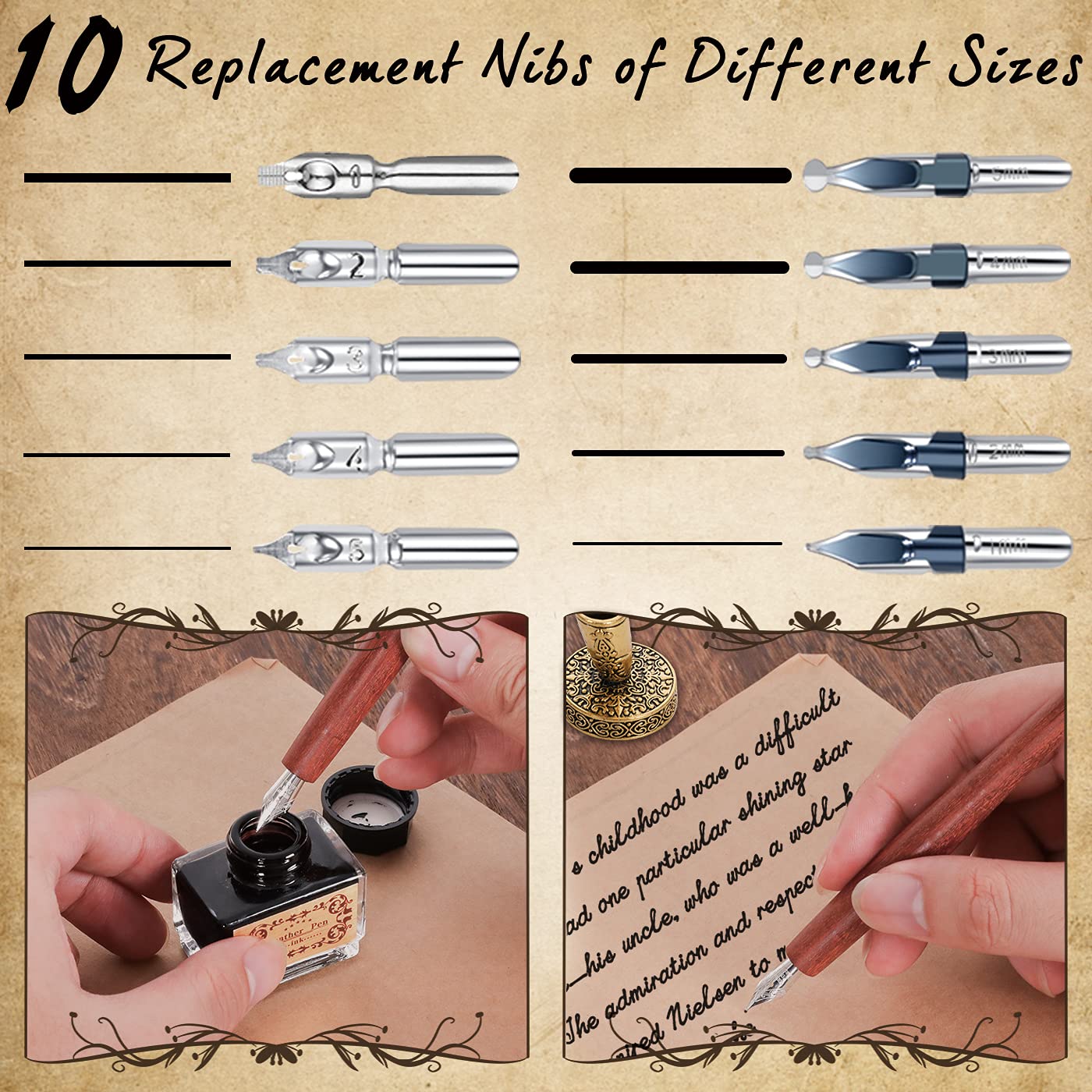 YICMY Quill Pen Pheasant Feather Pen And Ink Set Feather Pen With 10 Replacement Nibs and Ink Antique Calligraphy Pen Set Quill Dip Pen Retro Calligraphy Gift(Pheasant)