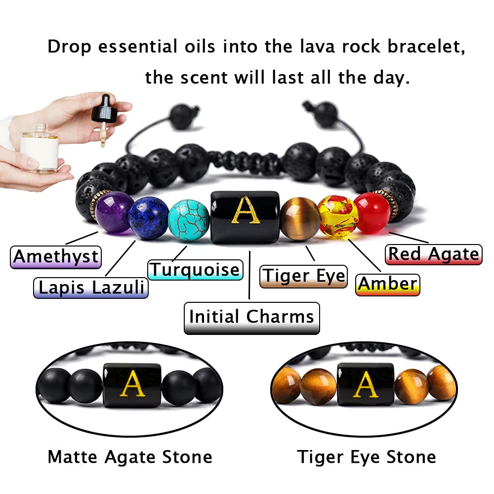 XIMEO Initial Beaded Bracelets for Men Women Lava Rock Healing Stone Letter Bracelets Chakra Tiger Eye Stone Braided Rope Bracelet Meaningful Gift Adjustable