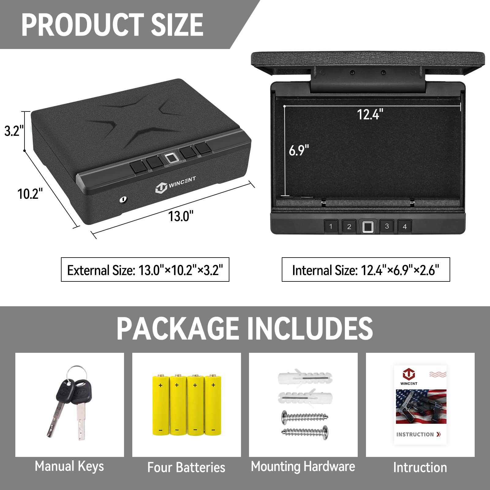 WINCENT Biometric Gun Safe, Quick Access Gun Safes for Pistols -Two Guns Capacity Pistol Safe | Fingerprint & Keypad Firearm Gun Safe Lock Box with Auto Open Lid & LED Light