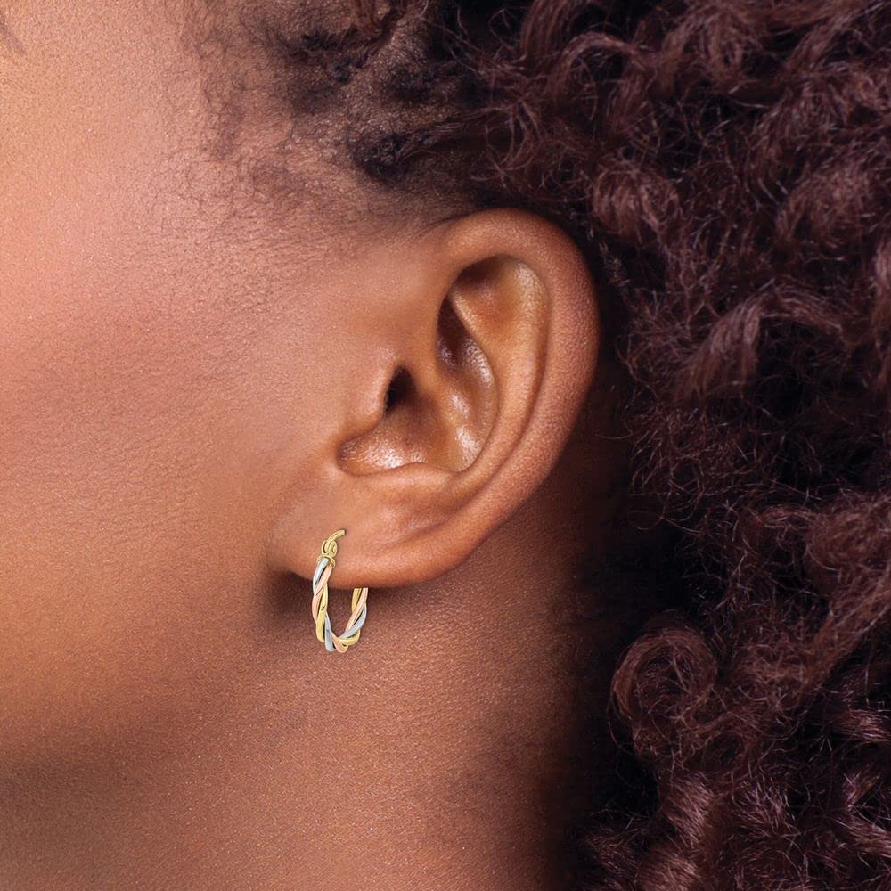Solid 10k Yellow White and Rose Gold Three Color 2.5mm Twisted Hoop Earrings - 16mm x 14mm