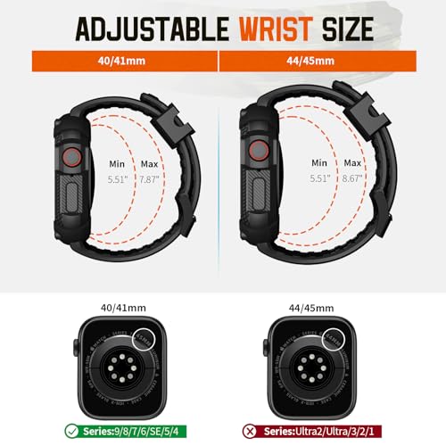Wristitani Compatible with Rugged Apple Watch Band with Bumper Case 45mm for iWatch Series 9/8/7, Durable TPU Sport Strap with Full Coverage Screen Protector, 45mm Black