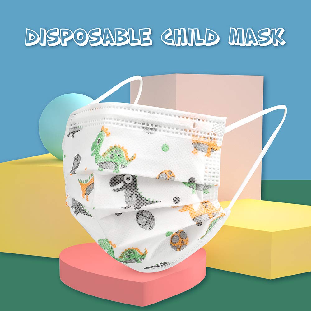 VINMEN 50Pcs Kids 3 layers Comfortable Anti Dust Face Tools for Children Students Outdoor Back to School Supplies(Cute Dinosaur)