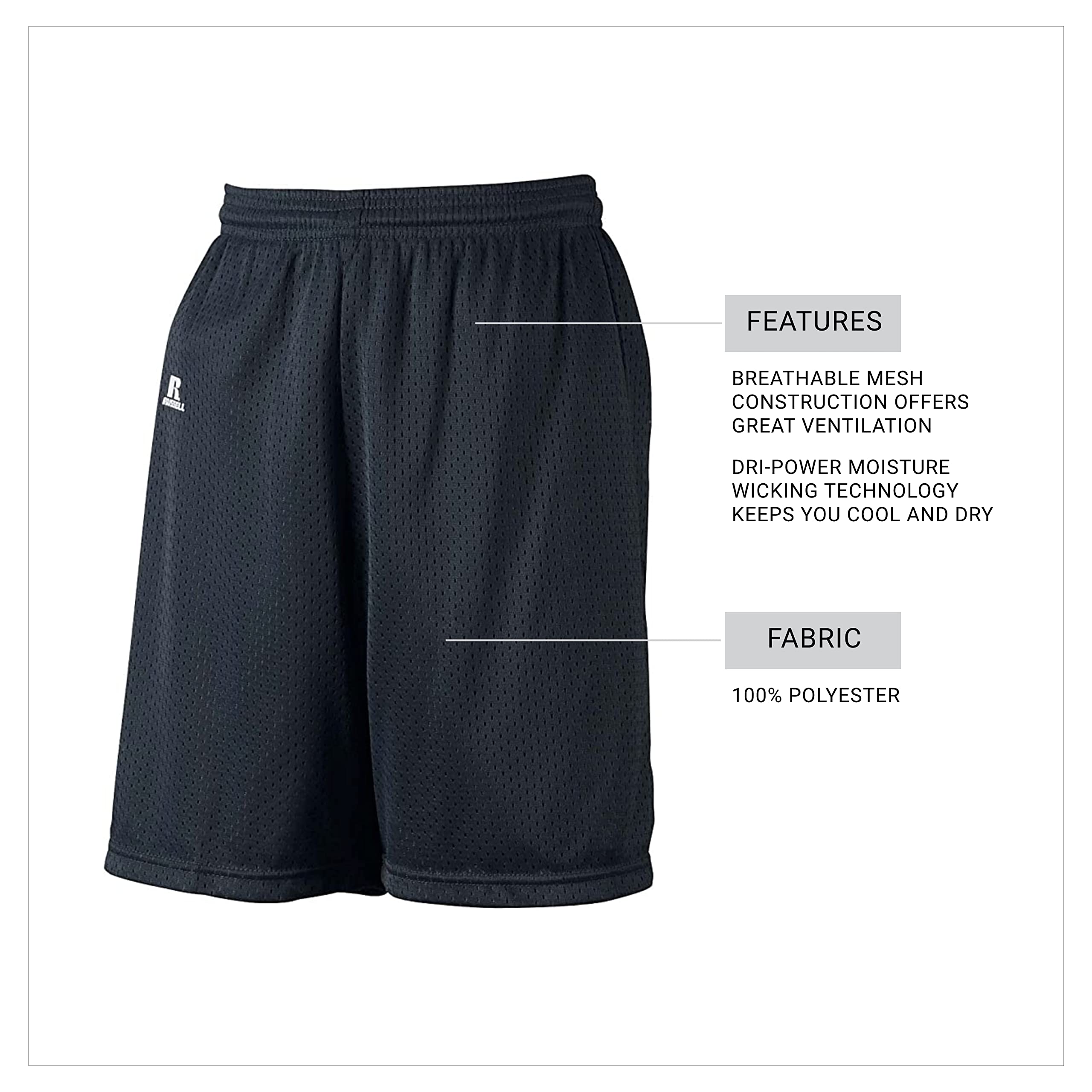 Russell Athletics Dri-Power Mesh Boys' Active Shorts - Comfortable, Breathable, and Stylish Sports Performance Activewear, Black, Medium