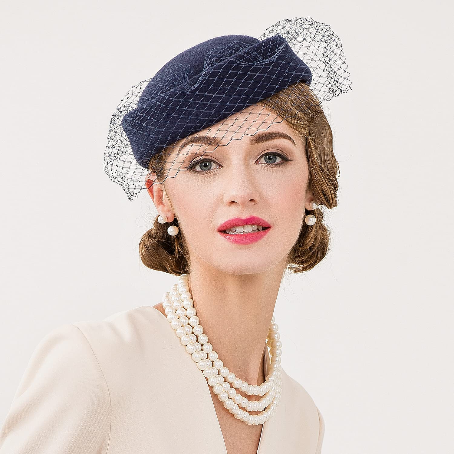 TS British Vintage Wool Felt Pillbox Hat with Veil Flower Fedoras Headpiece for Tea Party Wedding Church