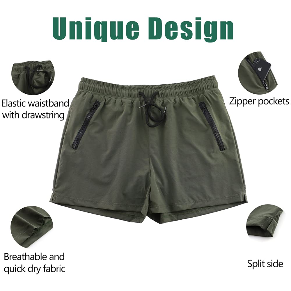 Rexcyril Men's Athletic Gym Workout Shorts 3 Inch Quick Dry Running Bodybuilding Short Shorts with Liner and Zipper Pockets, Army Green, Medium